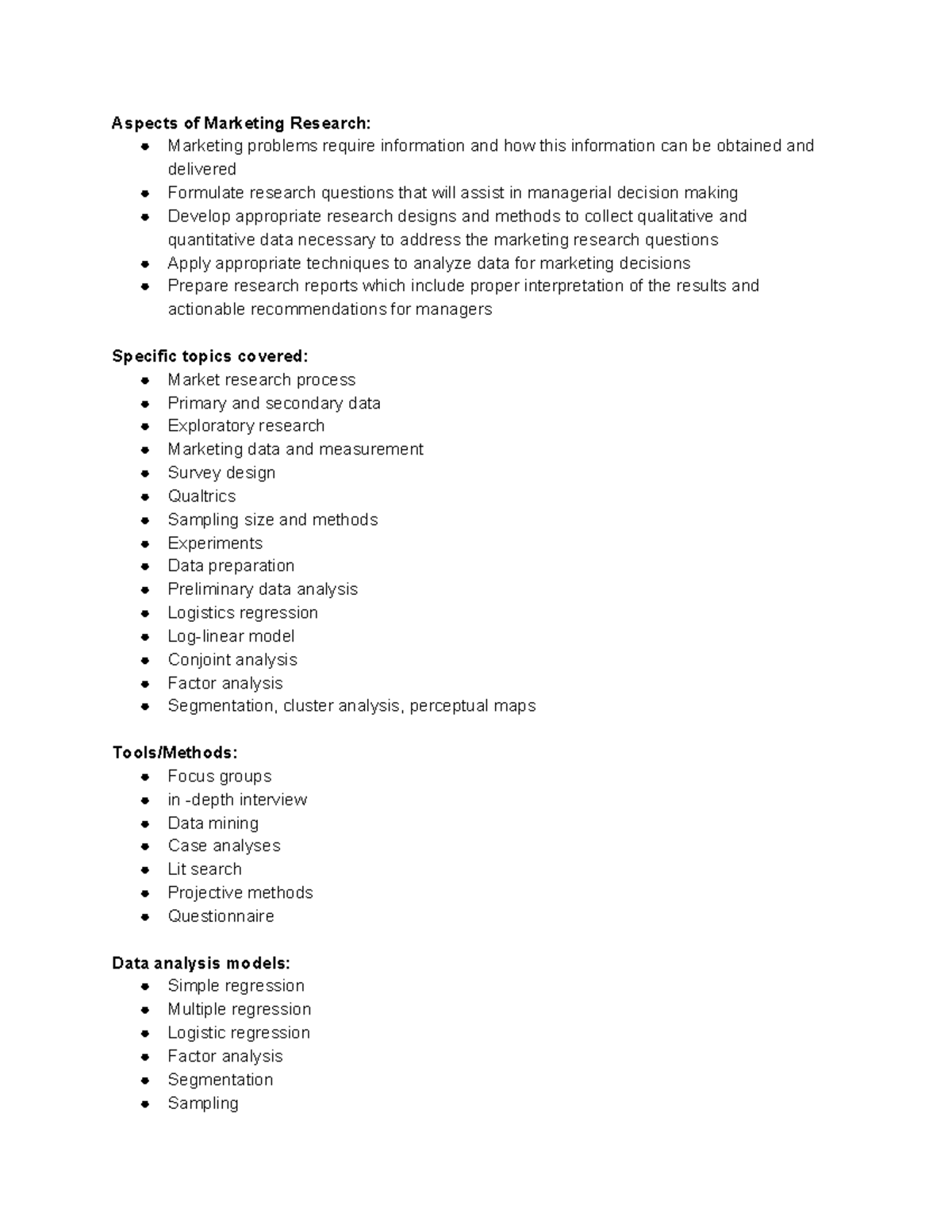 MAR 356 Final Notes - Aspects of Marketing Research: Marketing problems ...