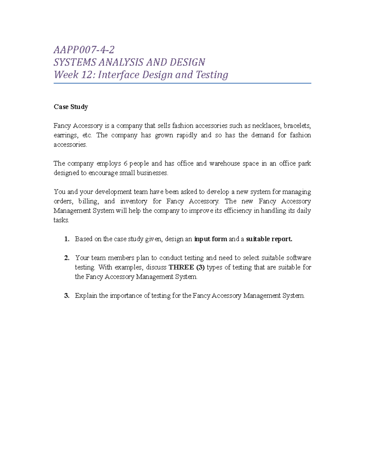 Tutorial Week 12 - Interface Design and Testing - AAPP007-4- SYSTEMS ...