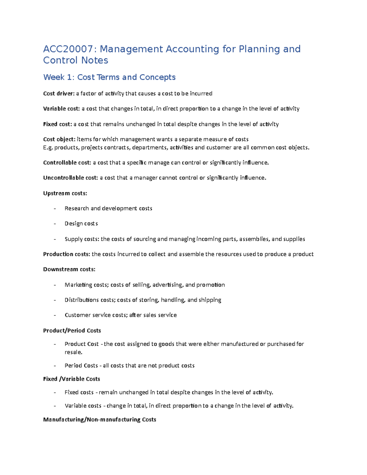 ACC2000 7 Management Accounting for Planning and Control Notes ...