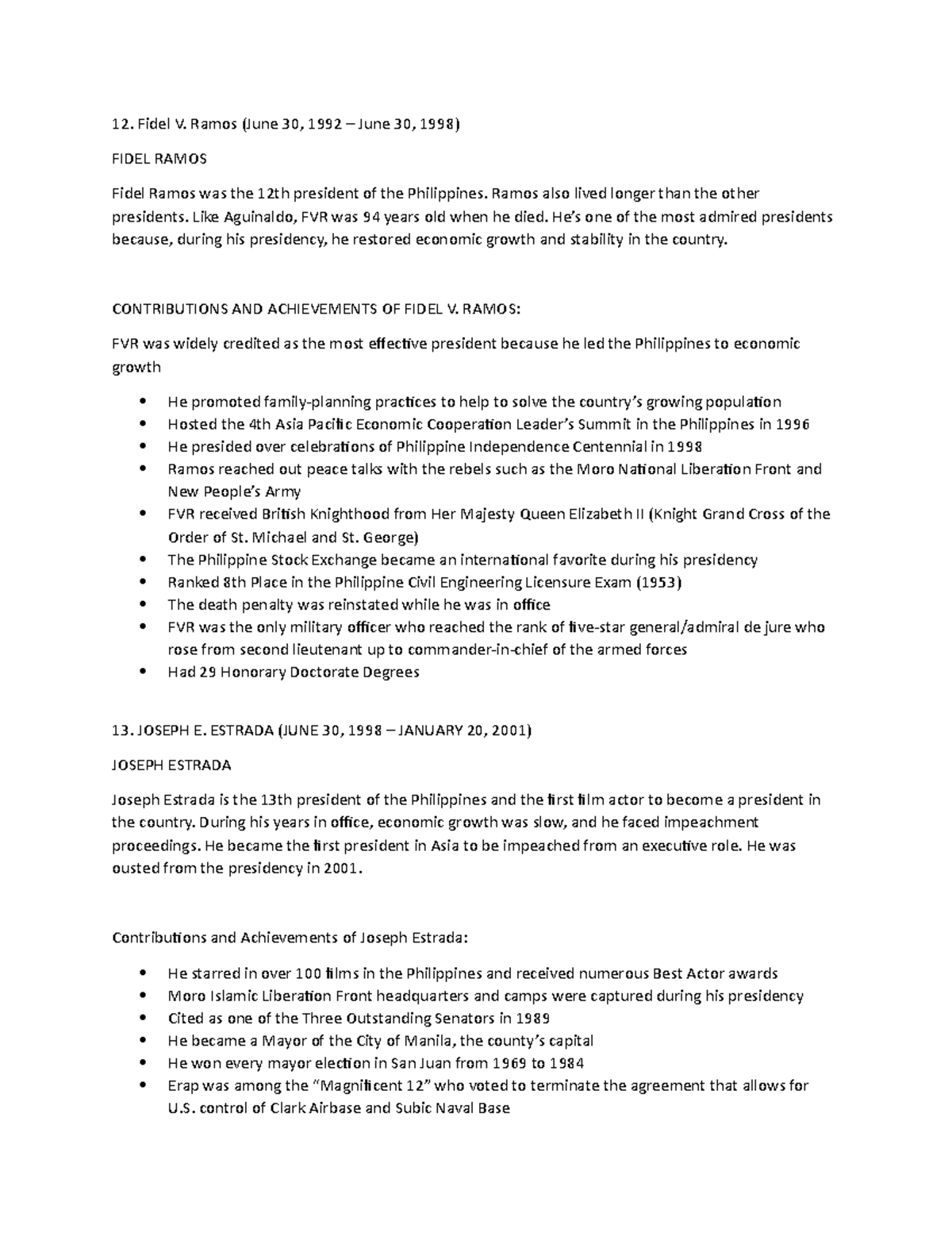 Sts president contributions - Fidel V. Ramos (June 30, 1992 – June 30 ...
