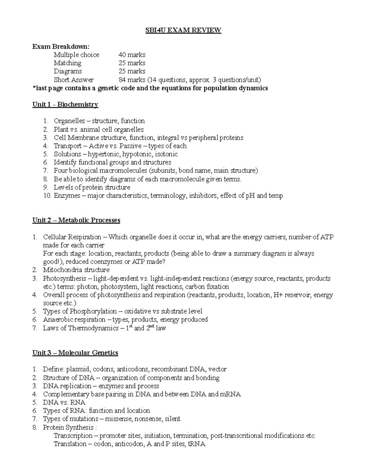 SBI4U EXAM Review Topics Jan'23 - SBI4U EXAM REVIEW Exam Breakdown ...