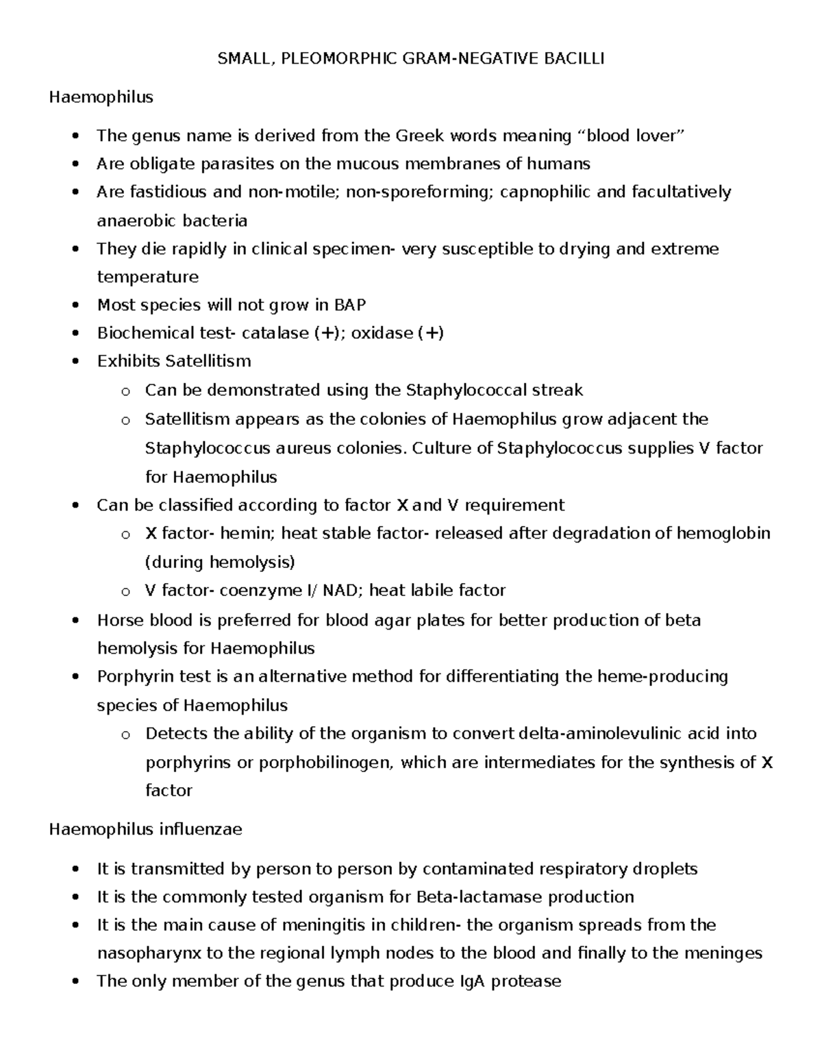 1 - Notes - SMALL, PLEOMORPHIC GRAM-NEGATIVE BACILLI Haemophilus The ...