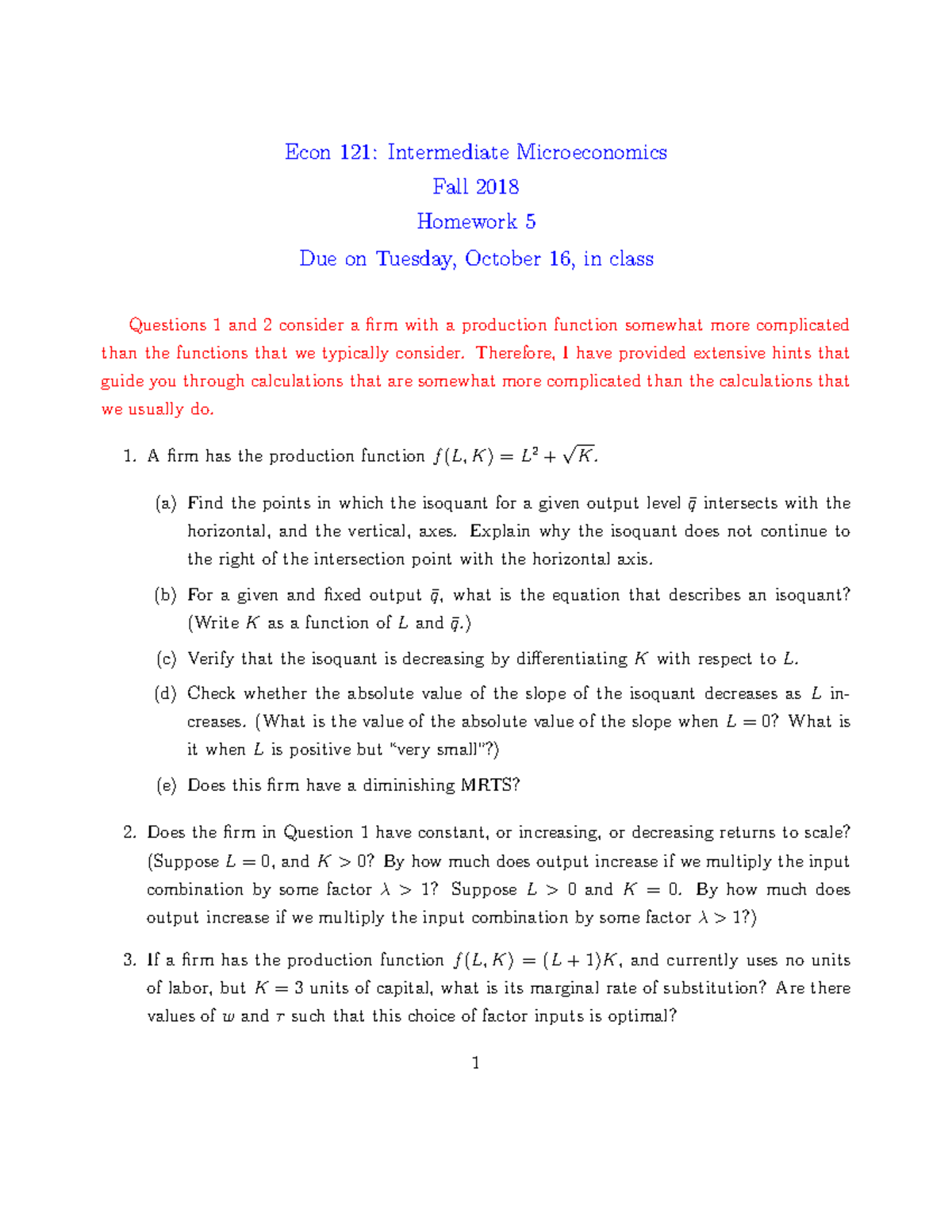 Homework Problems 5 - Problem set for ECON 121 - Econ 121: Intermediate ...