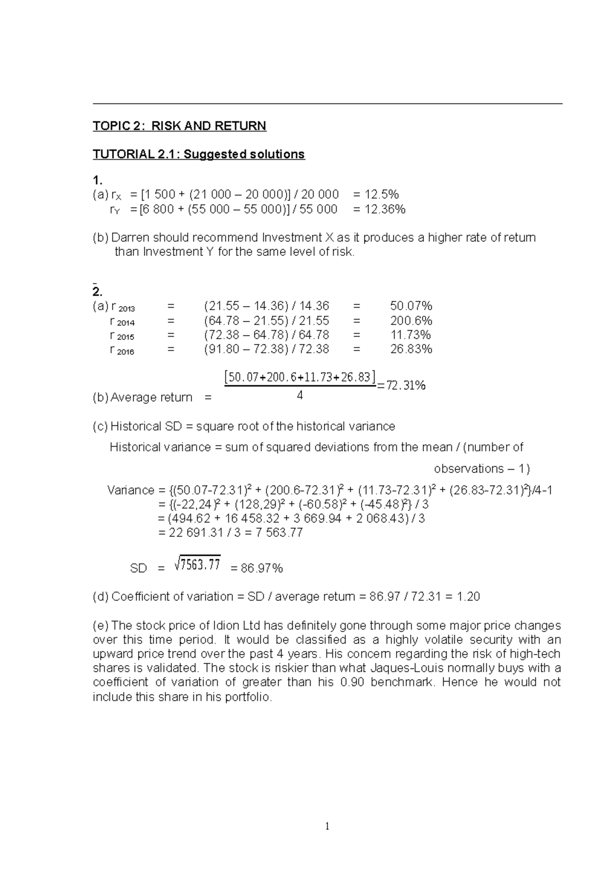 Fin202 Tut 2.1 sol 2019 RISK AND Return - TOPIC 2: RISK AND RETURN ...