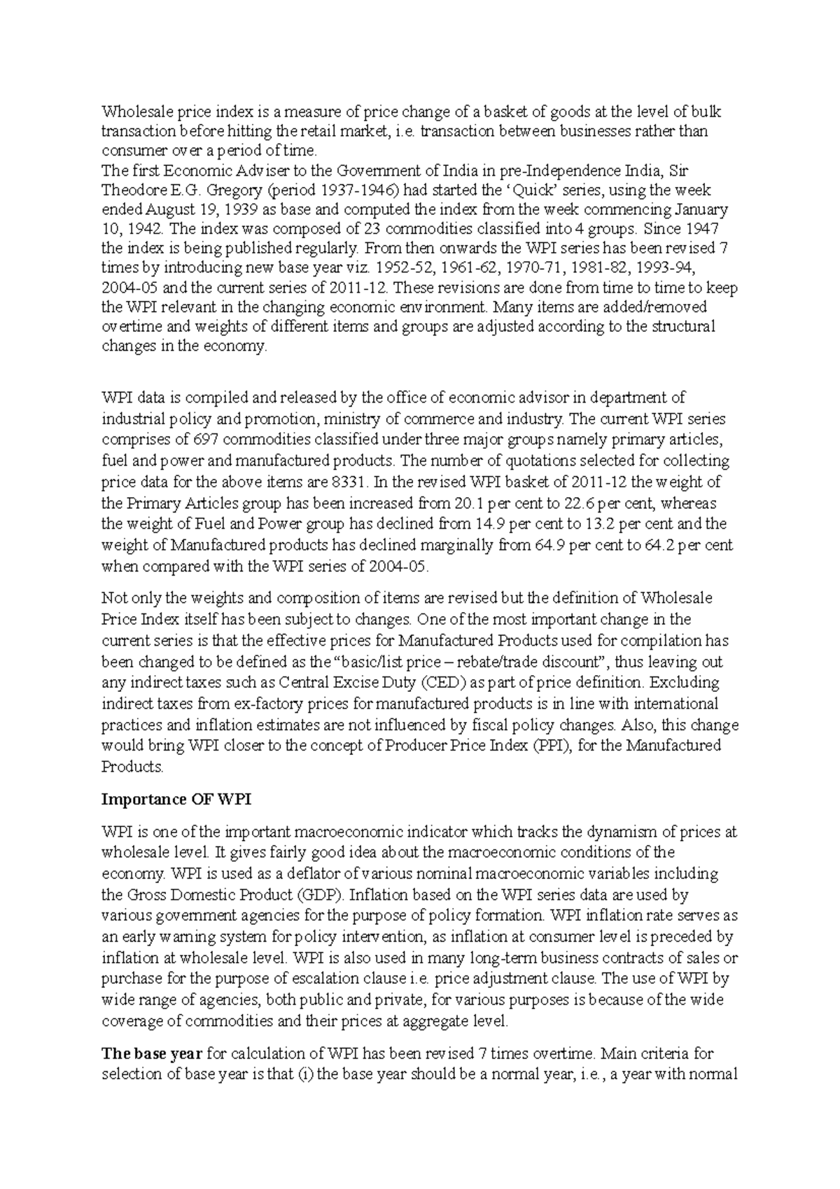 Write-up on wpi - Wholesale price index is a measure of price change of ...
