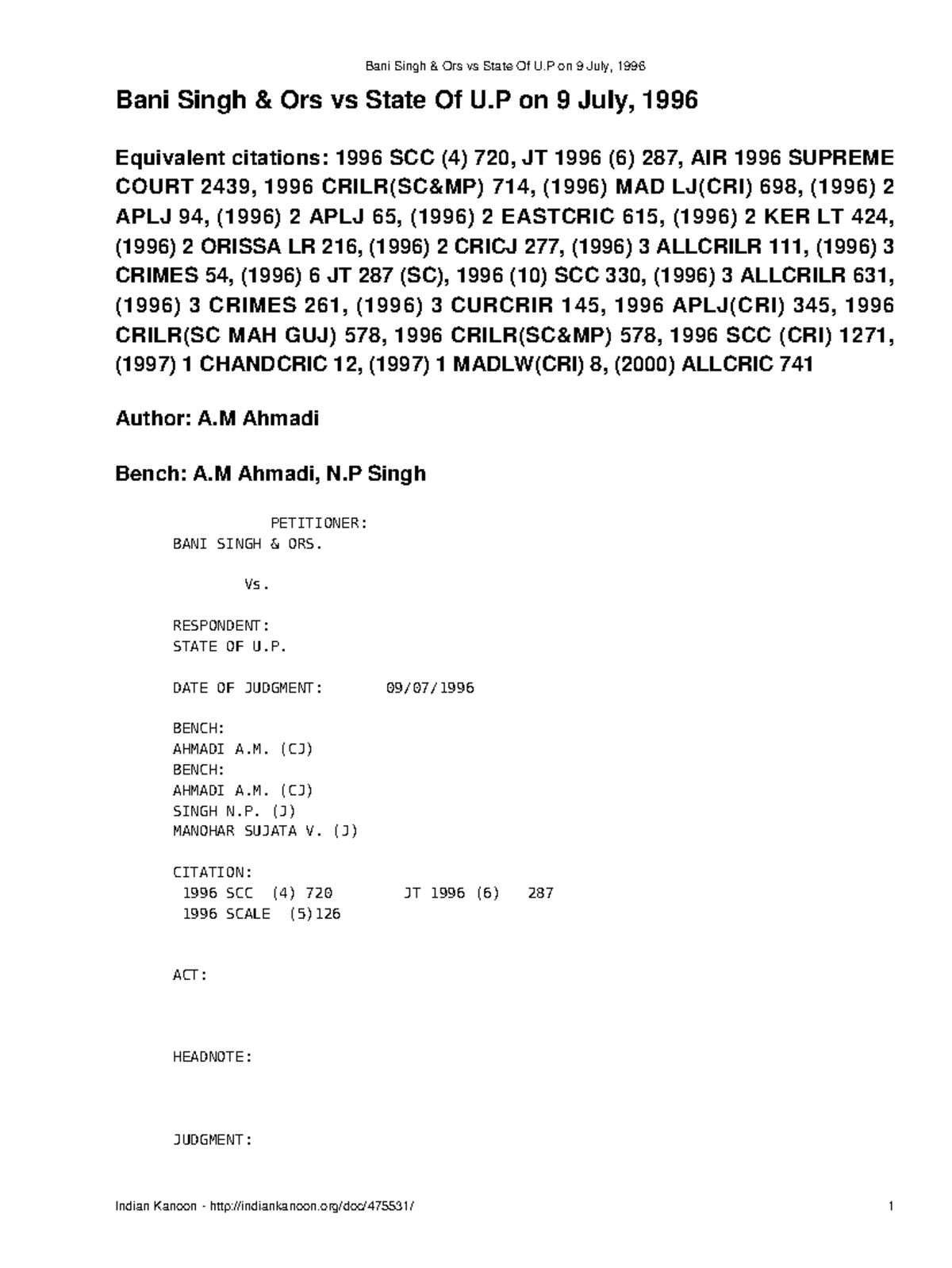 Bani Singh Ors vs State Of U P on 9 July 1996 - Bani Singh & Ors vs ...