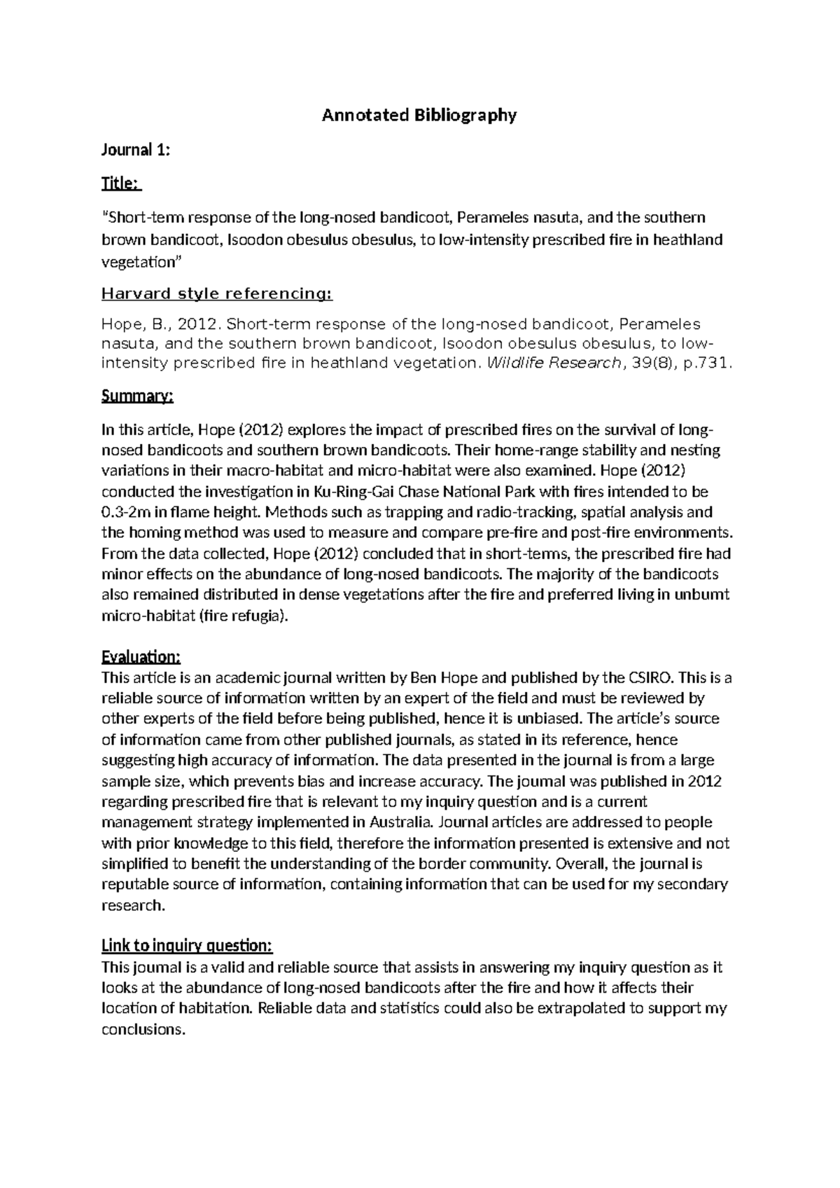 Annotated bibliography - biology - Annotated Bibliography Journal 1 ...
