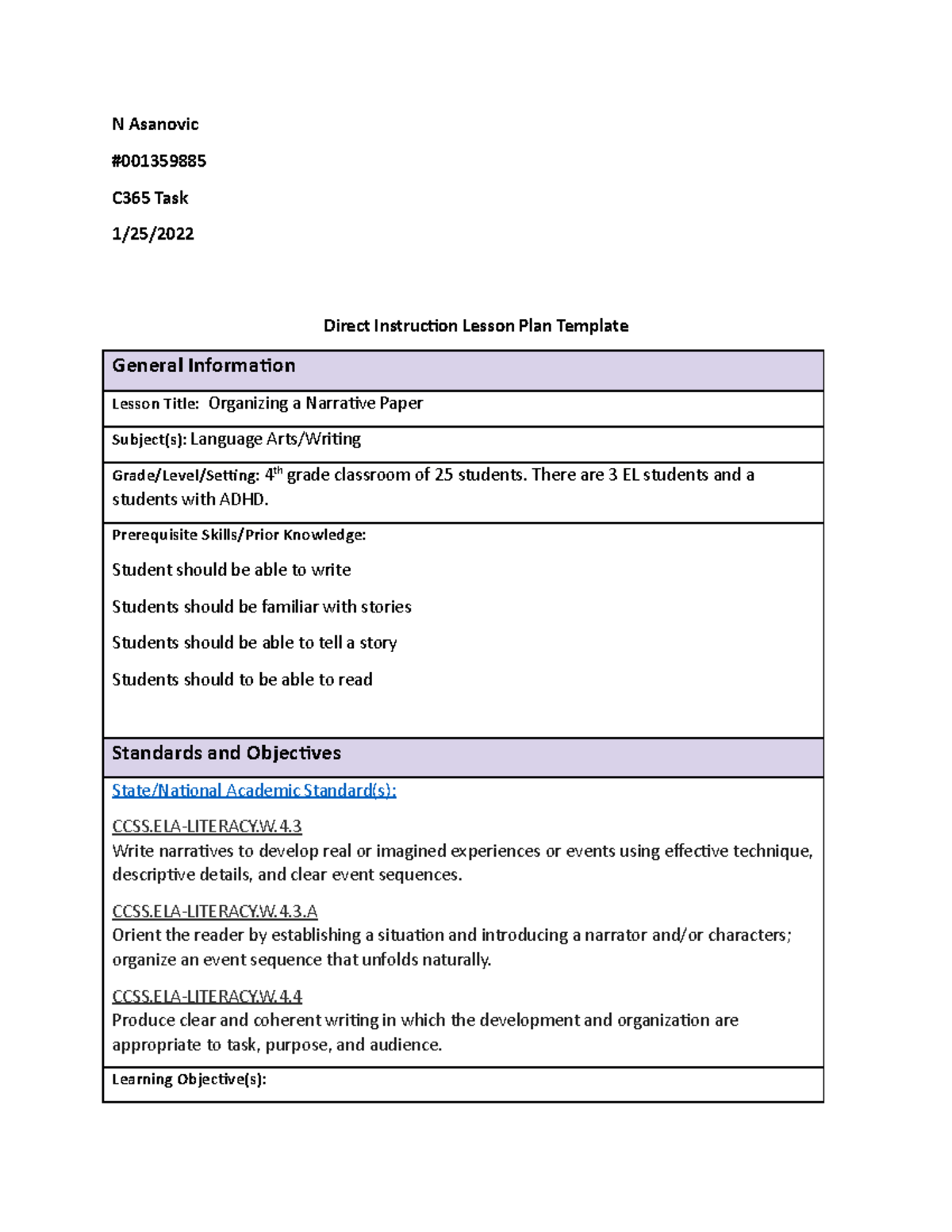 C365 Task- Organizing a Narrative Paper Lesson Plan for 4th Graders - N ...