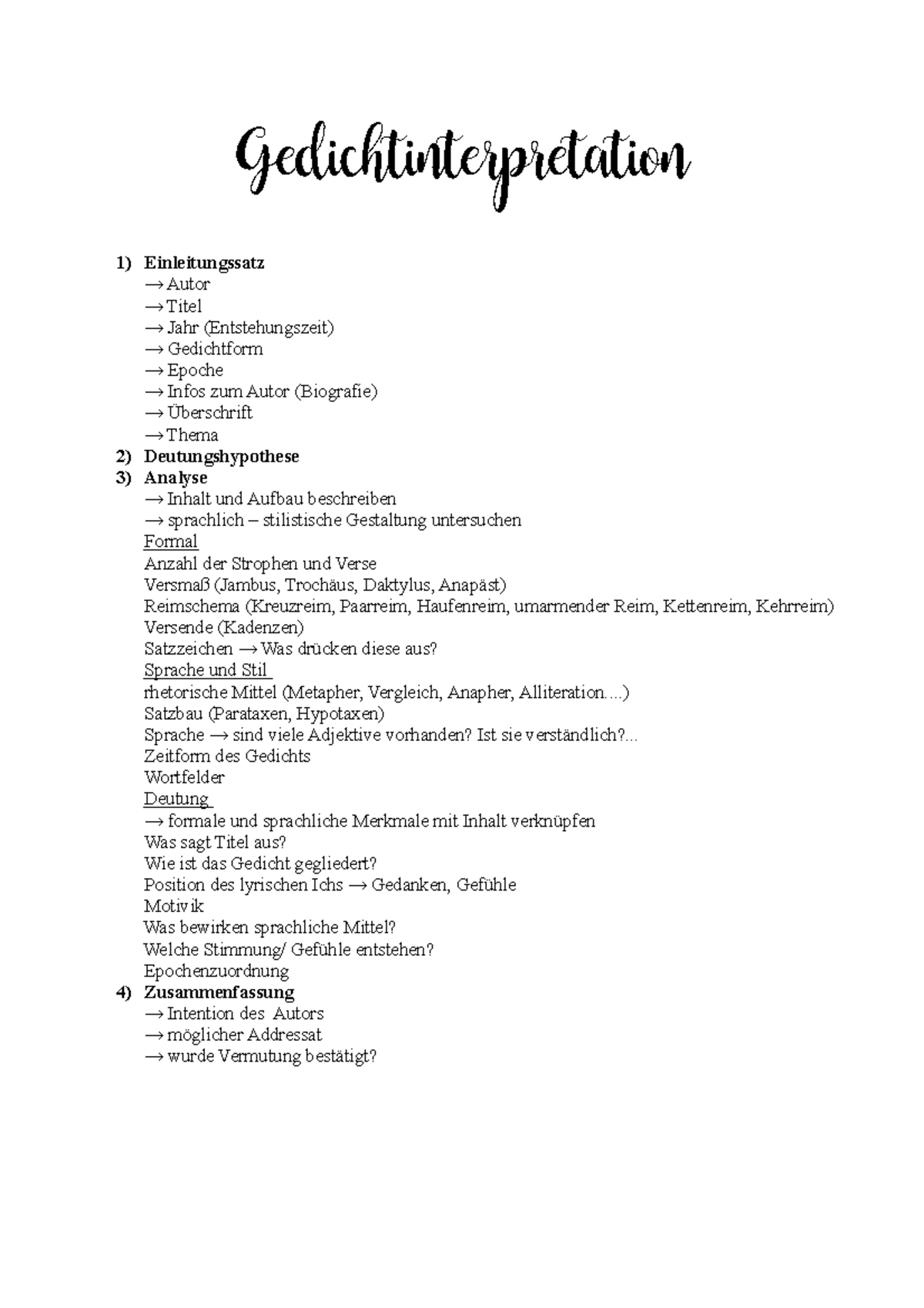 Deutsch Lernzettel Romantik Gedichtinterpretation ...