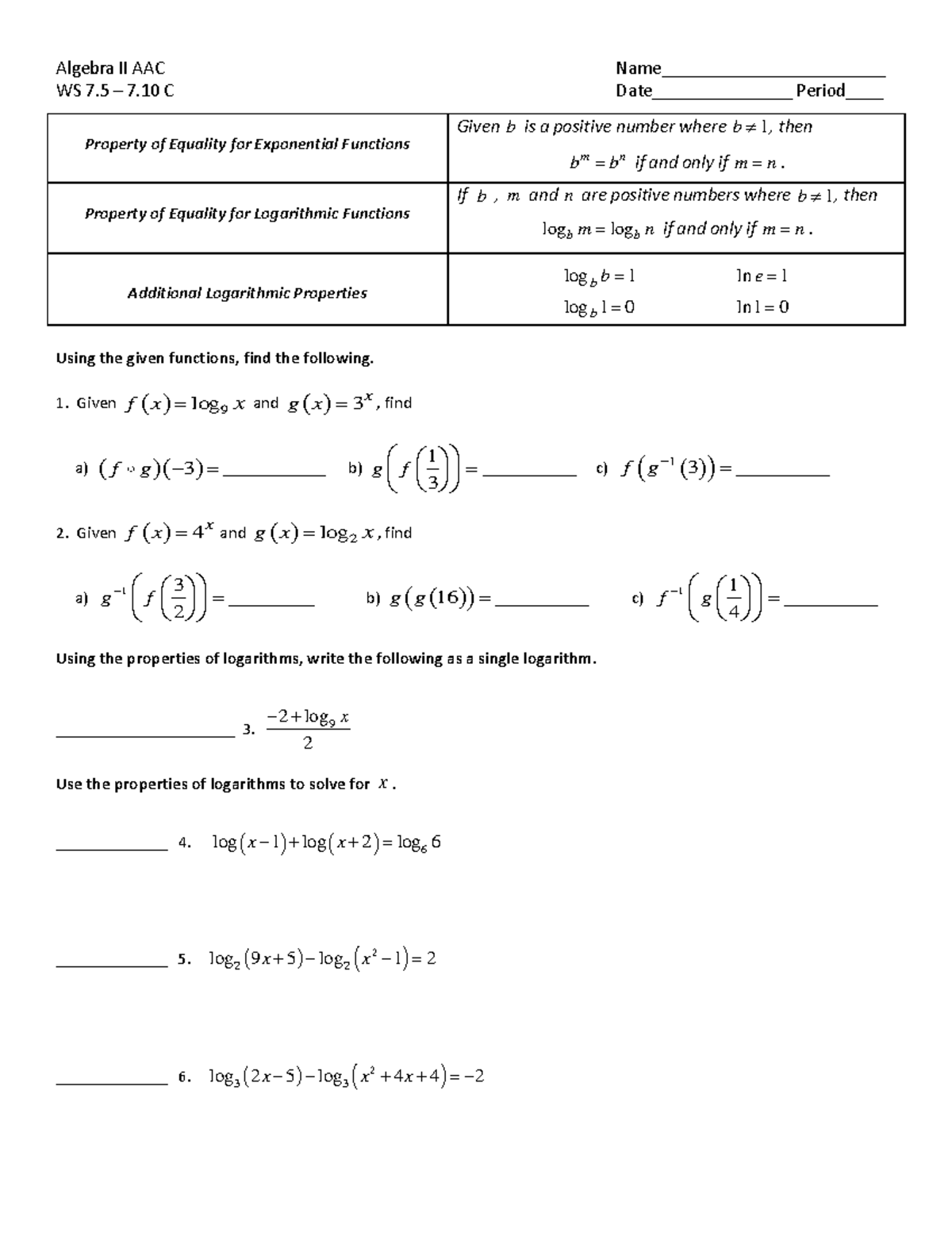 WS 7 - worksheet - Algebra II AAC Name________________________ WS 7 – 7 ...