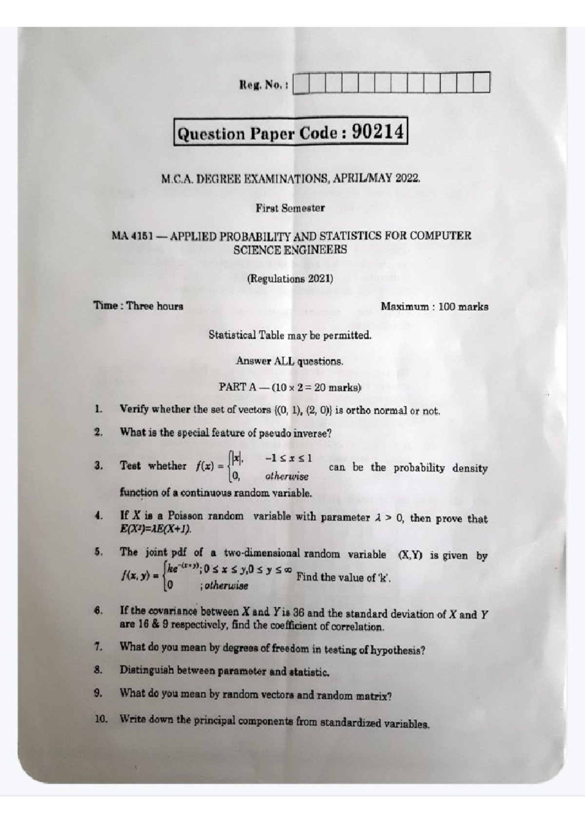Ma4151 pyq aprmay 2022 - Pyq - Reg. No. : Question Paper Code : 90214 M ...