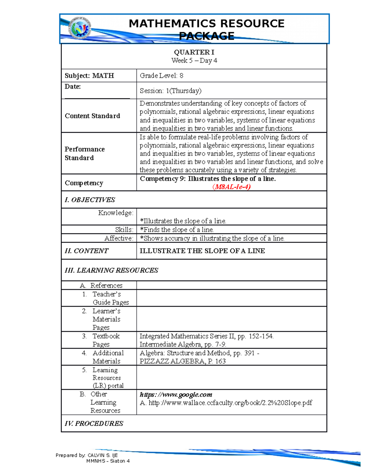 DLP 8 -Week5 (day4) - DLP - PACKAGE QUARTER I Week 5 – Day 4 Subject ...