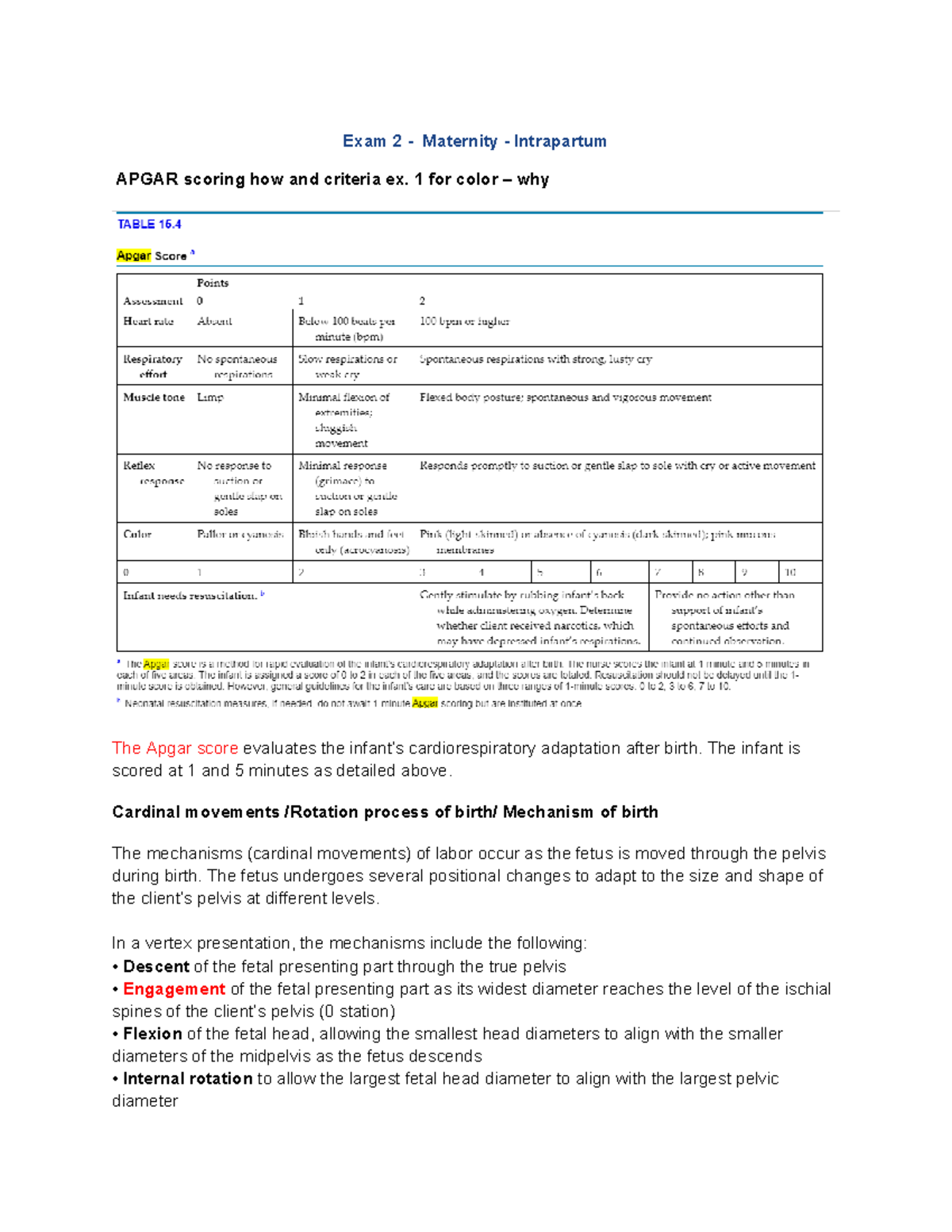 Maternity Exam 2 - Exam 2 - Maternity - Intrapartum APGAR scoring how ...