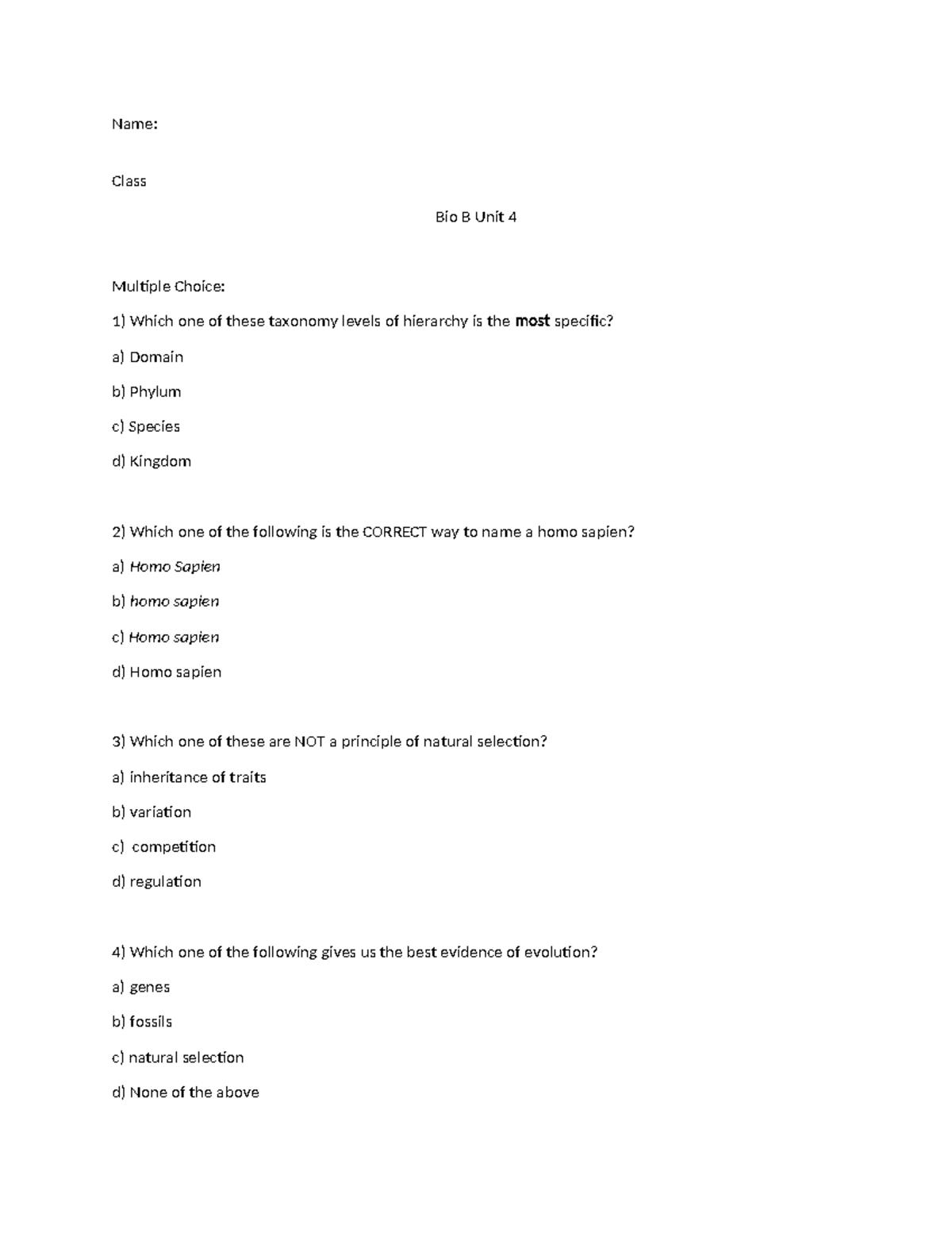 Bio Assessment Unit 4 - Name: Class Bio B Unit 4 Multiple Choice: Which ...