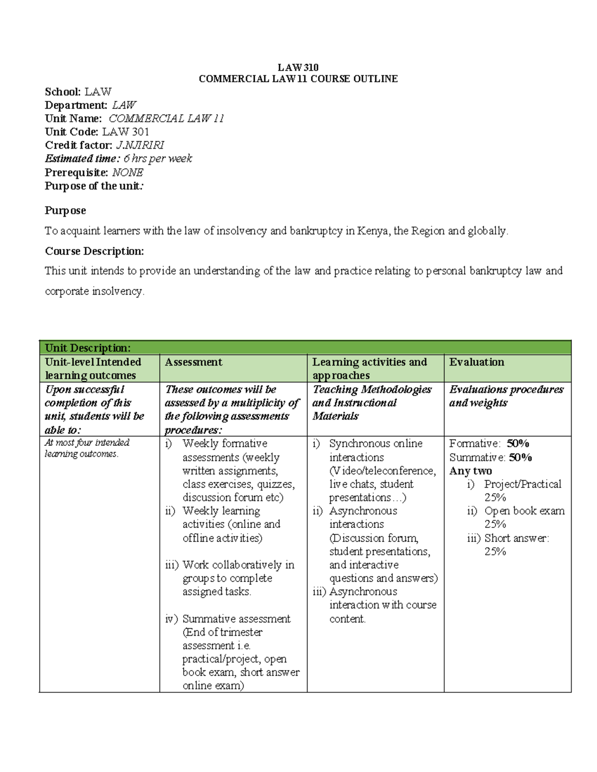Commercial Law 2 Course Outline - LAW 310 COMMERCIAL LAW 11 COURSE ...