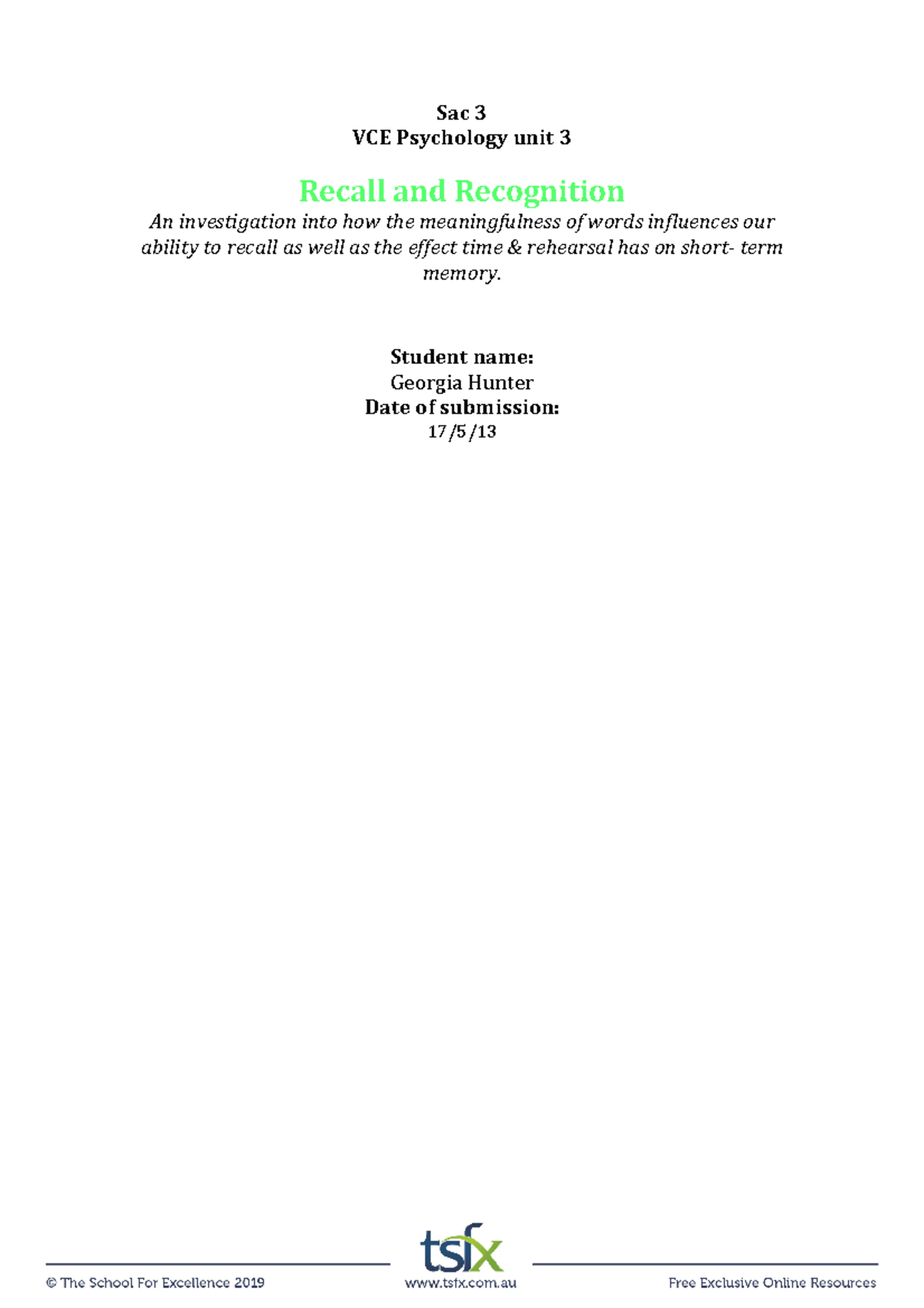 3800 - Description - Sac 3 VCE Psychology unit 3 Recall and Recognition ...