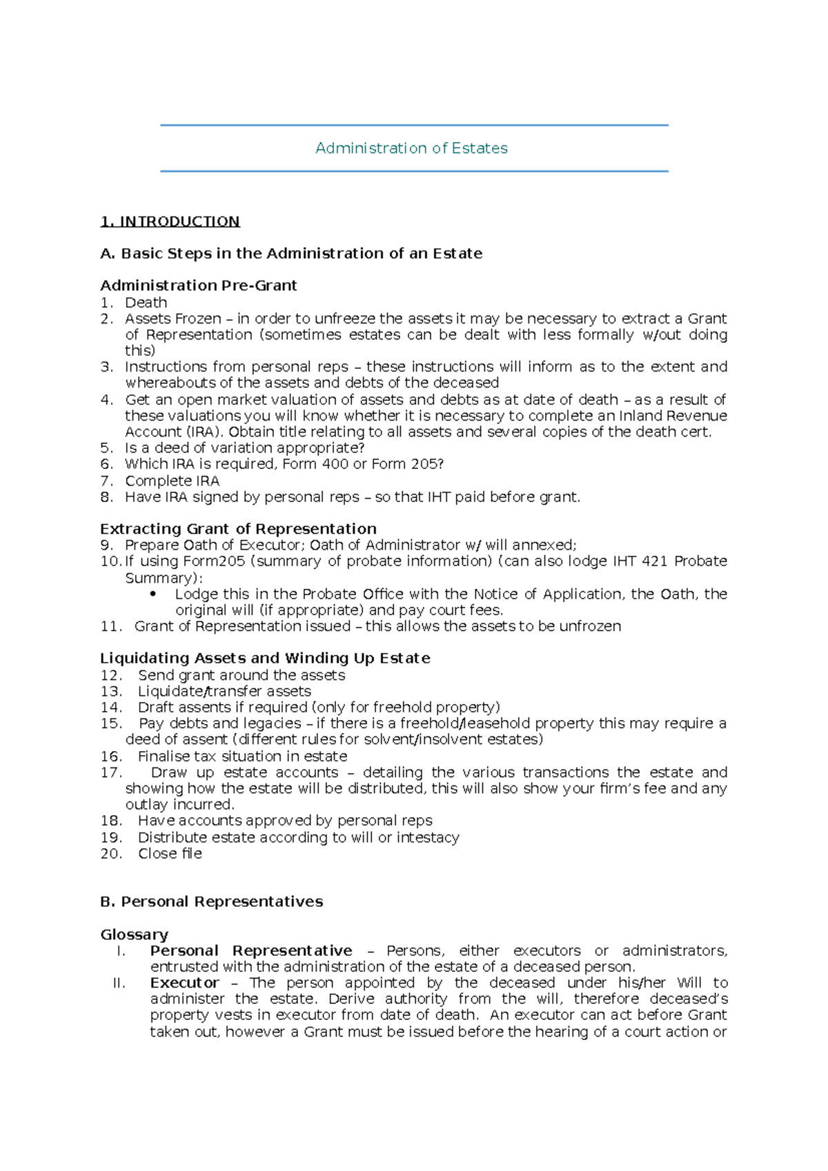 2016 Administration of Estates Notes - Administration of Estates 1 ...