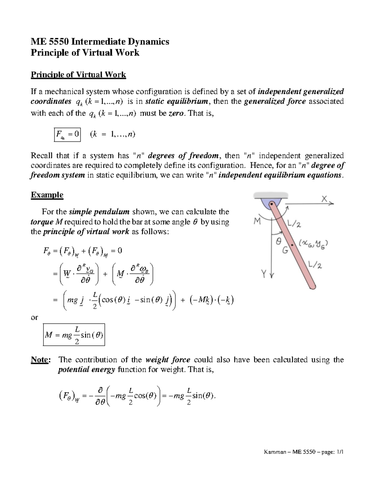Me555Principle Virtual Work - Kamman – ME 5550 – page: 1/ ME 5550 Intermediate Dynamics ...