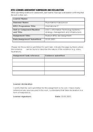 Learner Assessment Submission Declaration - BTEC LEARNER ASSESSMENT ...