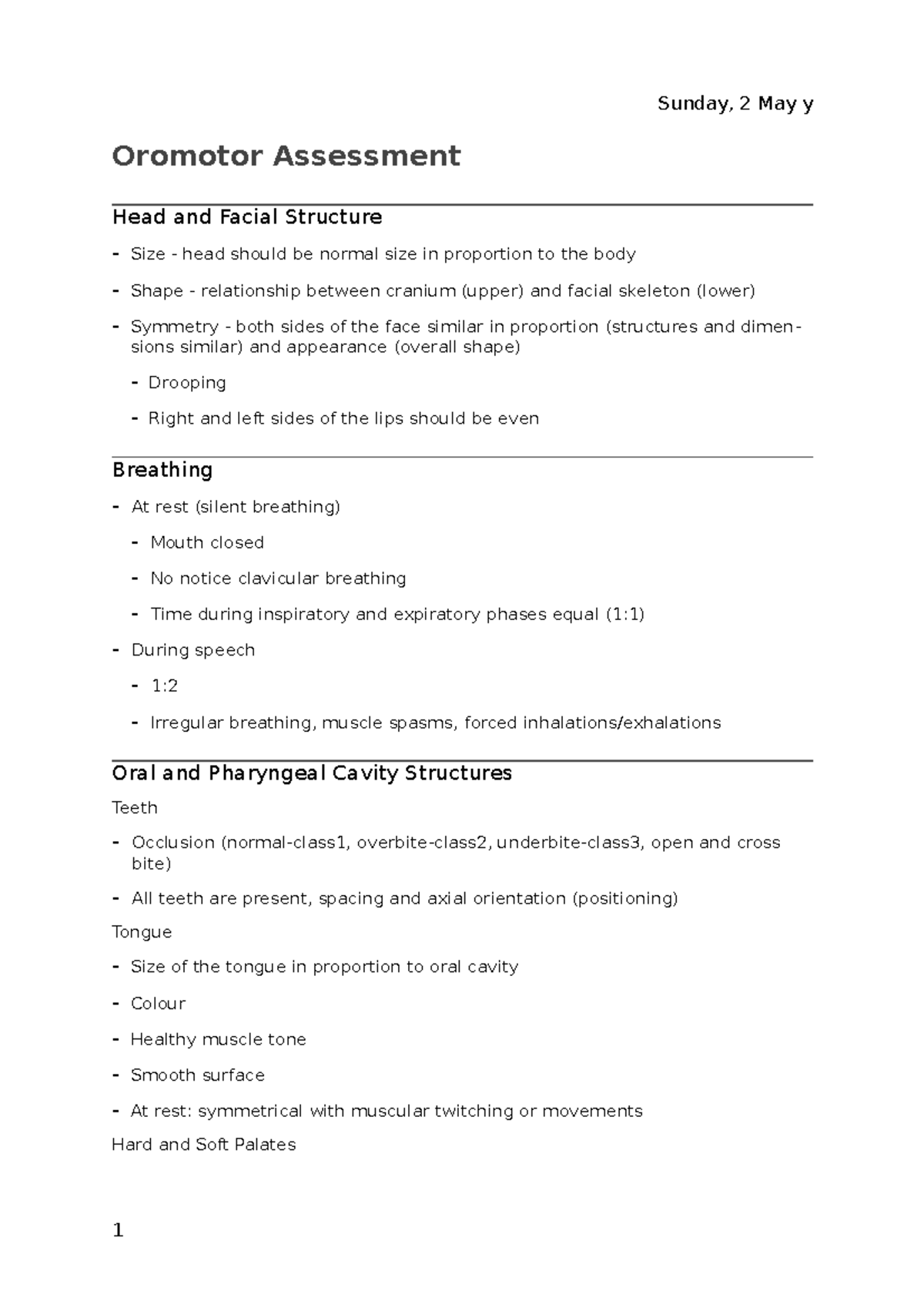 Oromotor Assessment - Monday, 20 May y Oromotor Assessment Head and ...