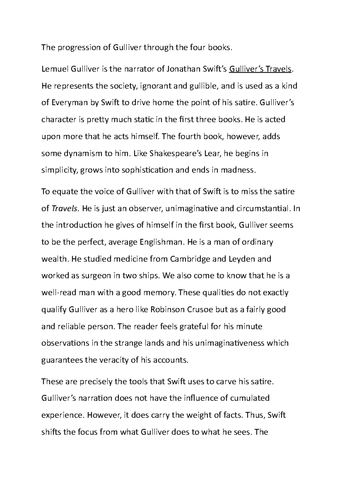 Character of Gullliver - The progression of Gulliver through the four ...