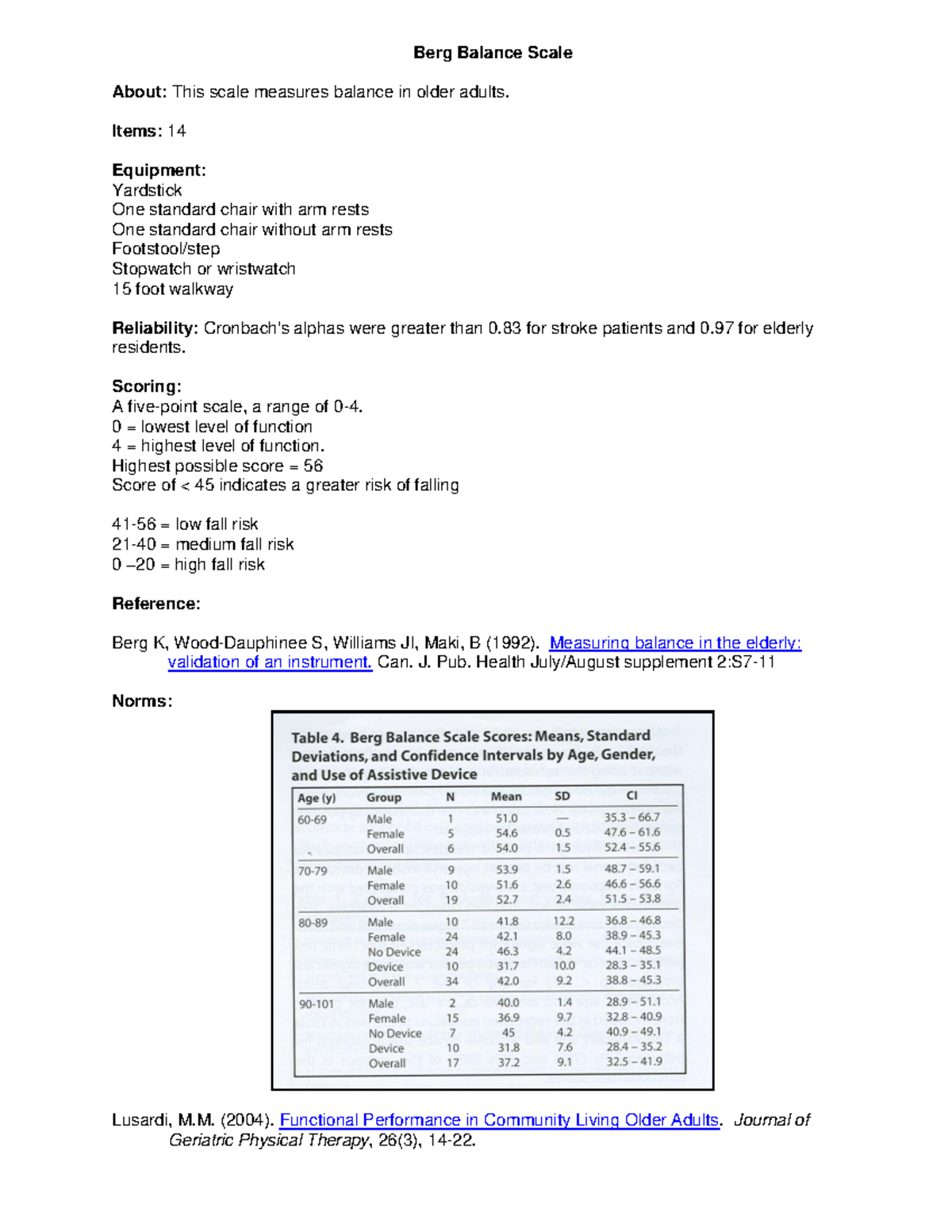 Berg Balance Scale Outcomes for Internship - Berg Balance Scale About ...
