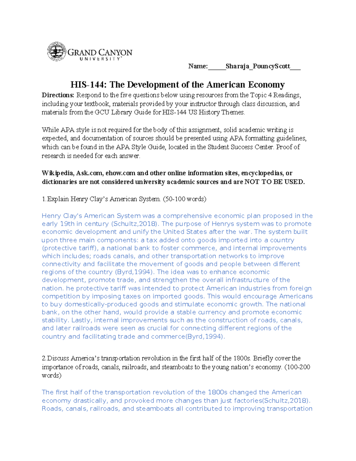 HIS-144 The Development of the American Economy - Name:__Sharaja ...