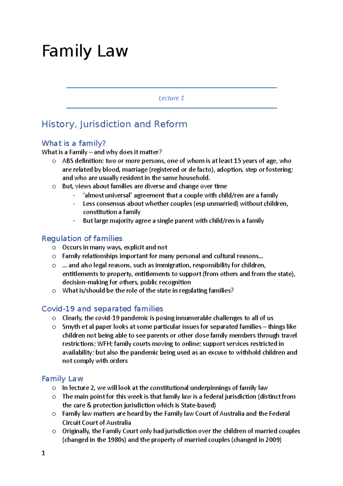 Family Law - Lecture notes 1 -3 - Family Law Lecture 1 History ...