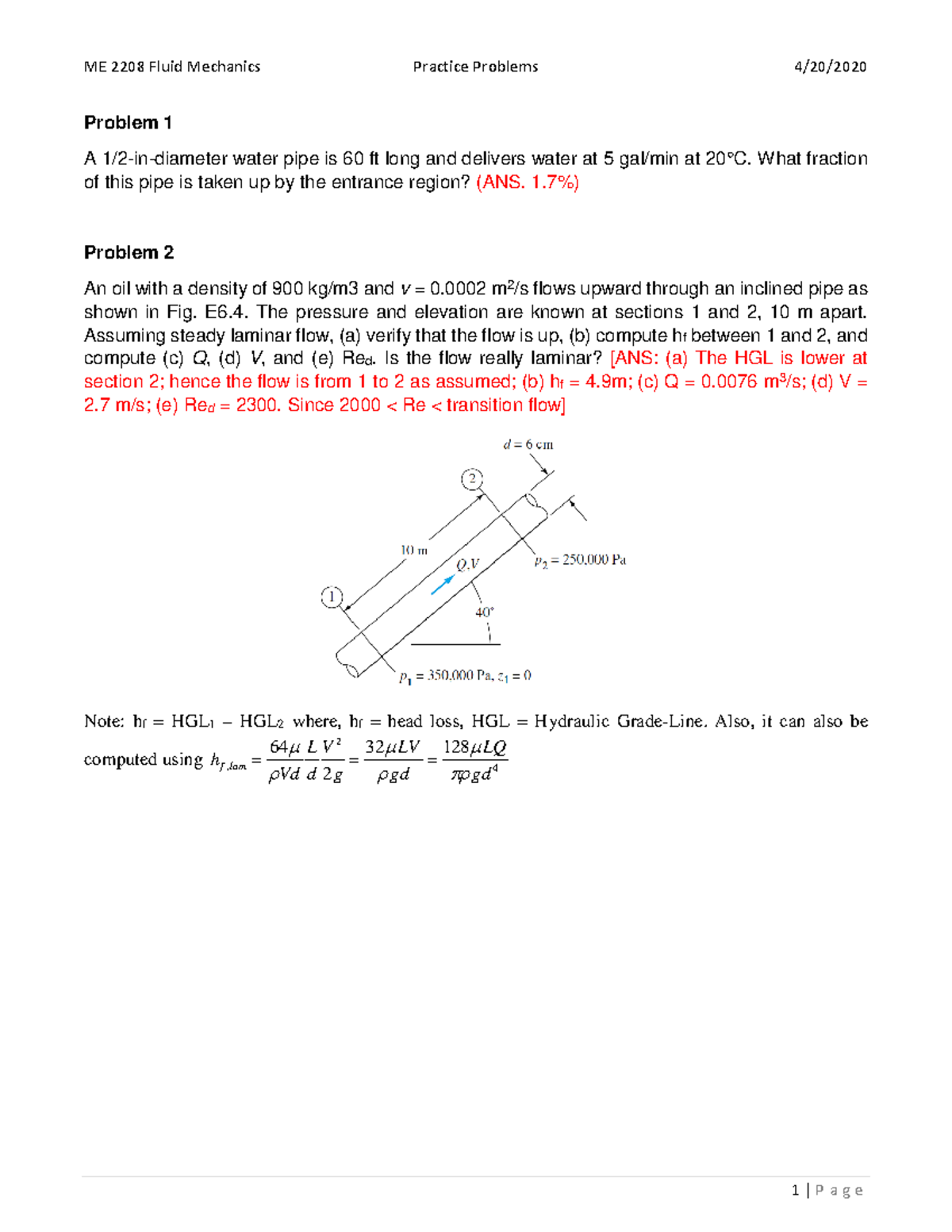 Fluid Flow Practice Problems - Warning: TT: undefined function: 32 ME 2208 Fluid Mechanics ...