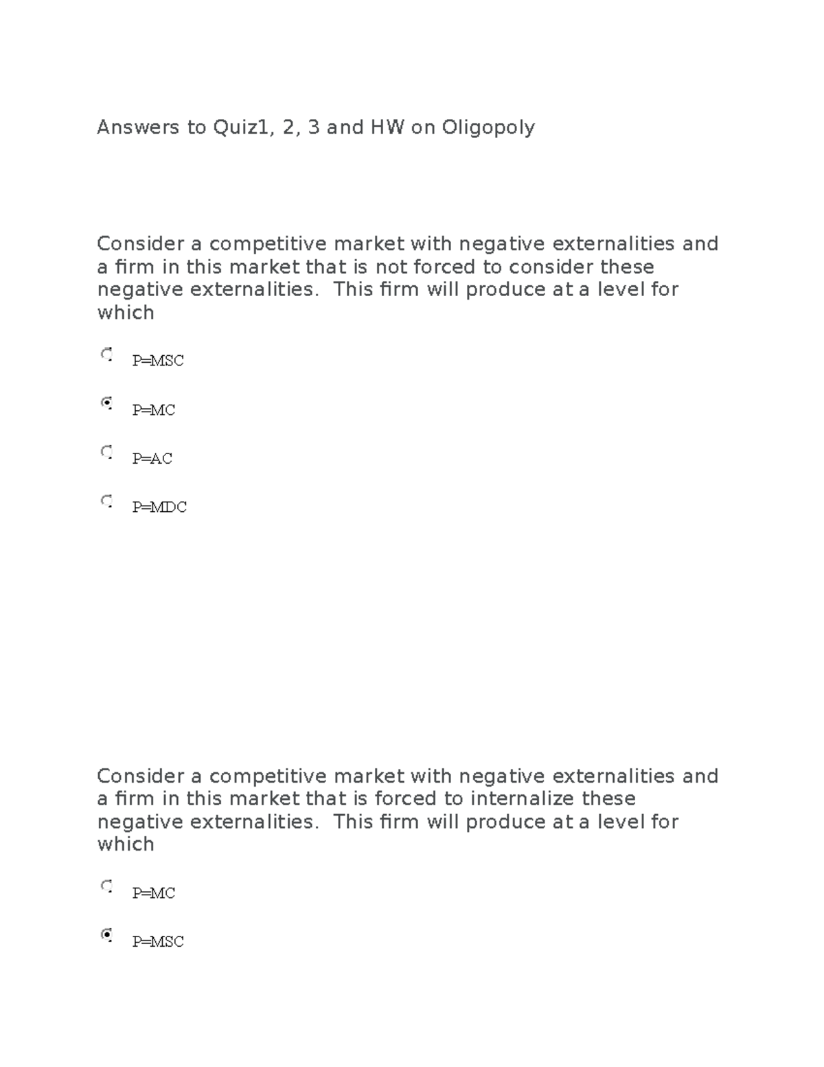 Quizzes on externality and HW on Oligopoly - Answers to Quiz1, 2, 3 and ...