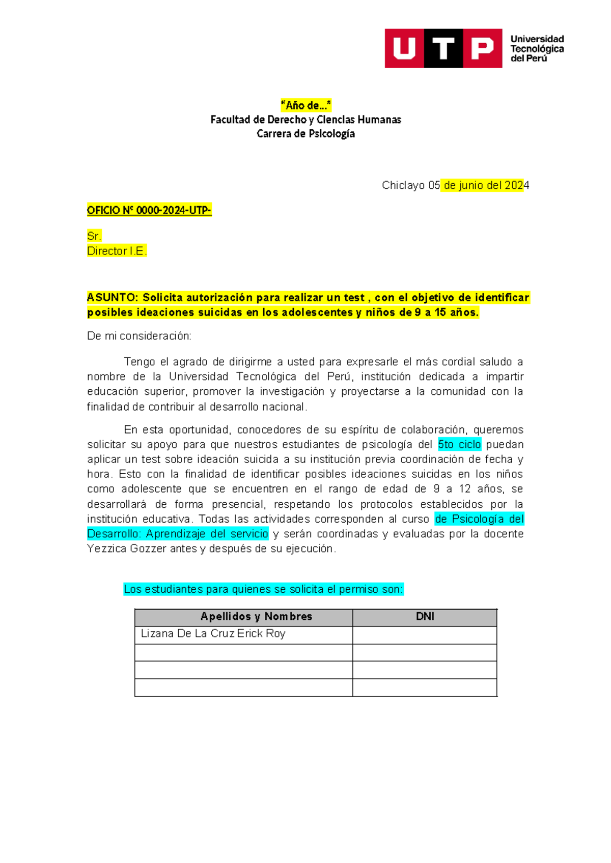 Modelo DE Oficio 2024 - wefwf - “Año de...” Facultad de Derecho y ...