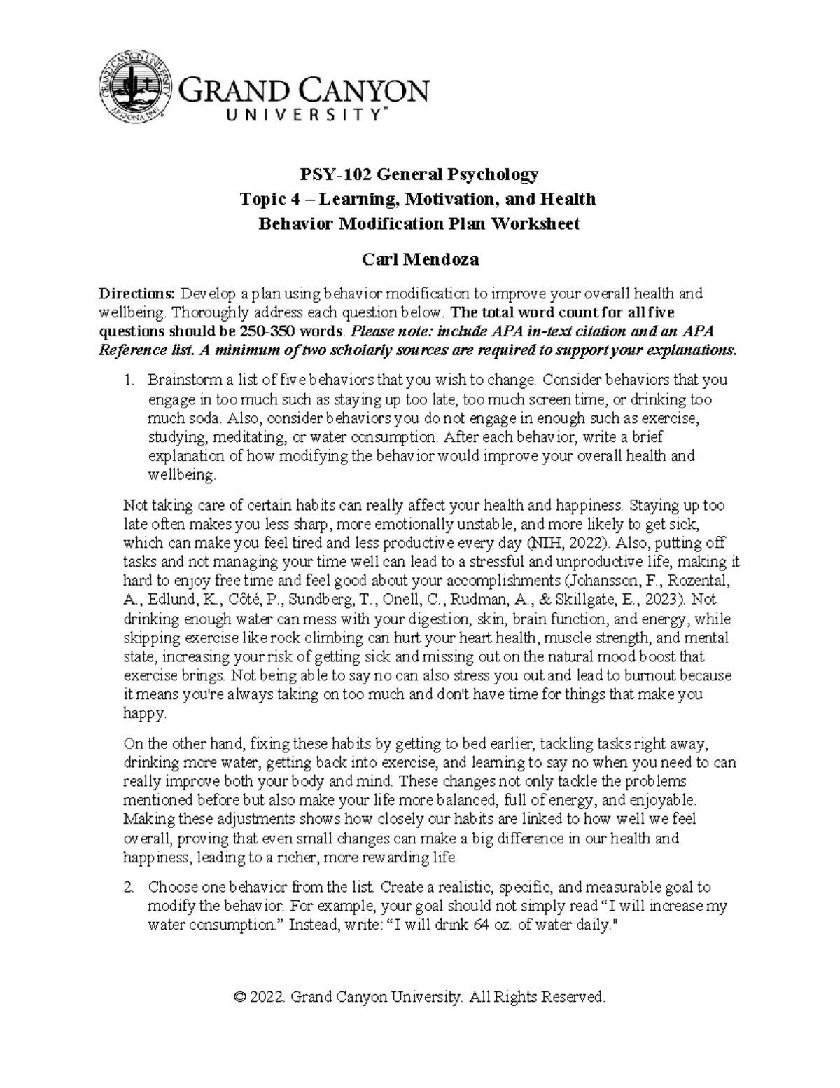 Behavior Modification Plan - PSY-102 General Psychology Topic 4 ...