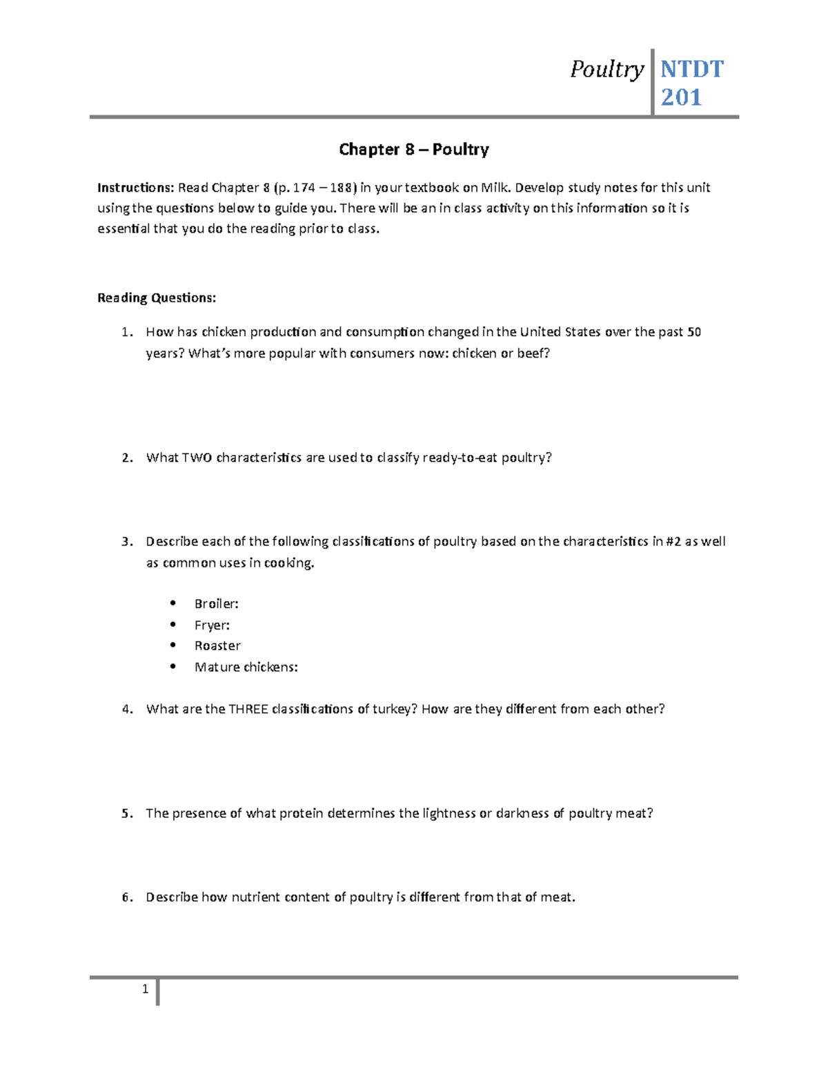 17 Poultry reading questions - 201 Chapter 8 – Poultry Instructions ...