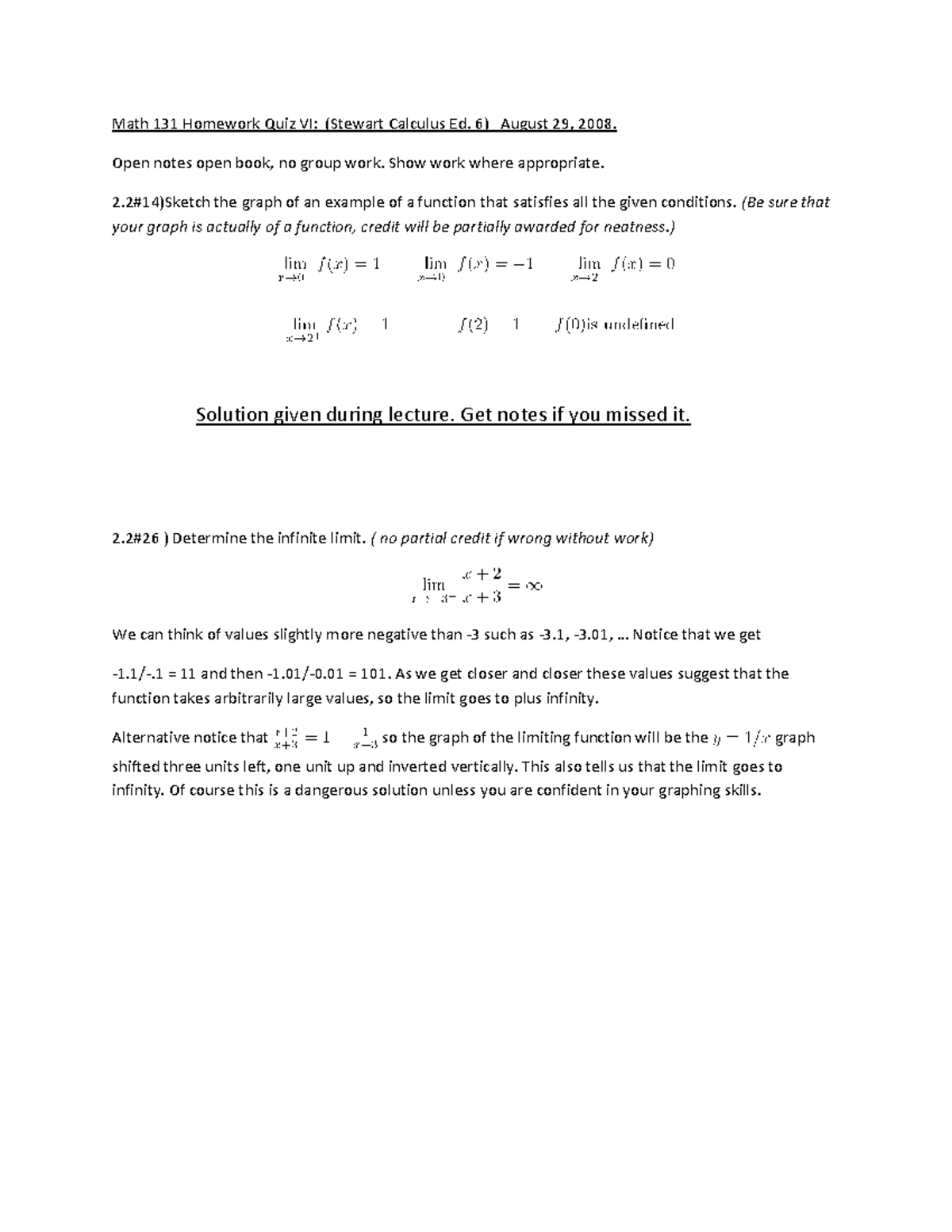 Seminar assignments Homework 6 - Math 131 Homework Quiz VI: (Stewart ...