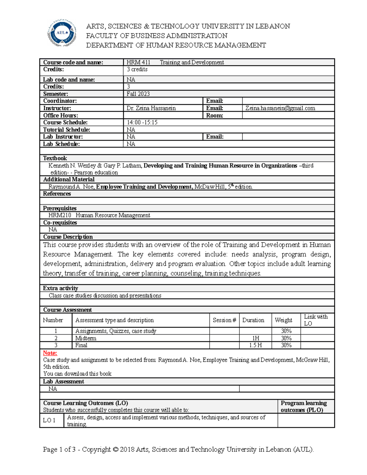HRM411 Training and Development Syllabus - ARTS, SCIENCES & TECHNOLOGY ...