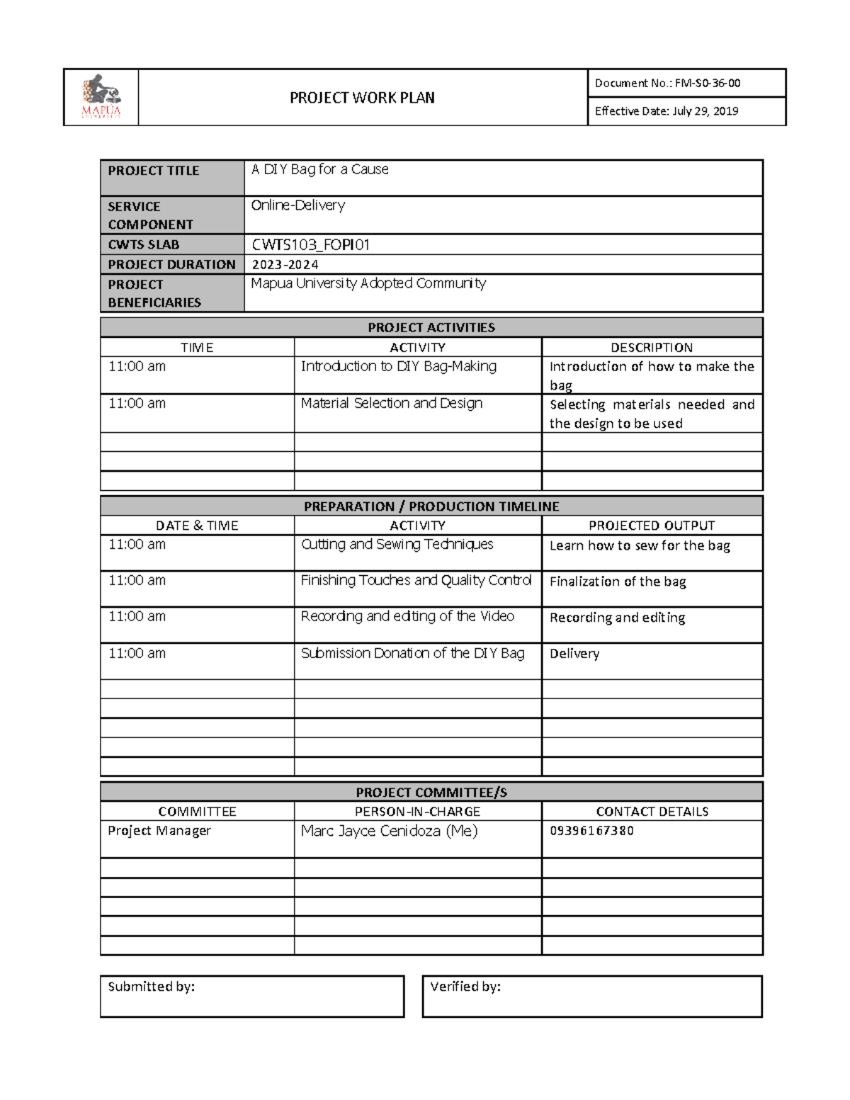 Project Work Plan Form - The strap should be presentable and more ...