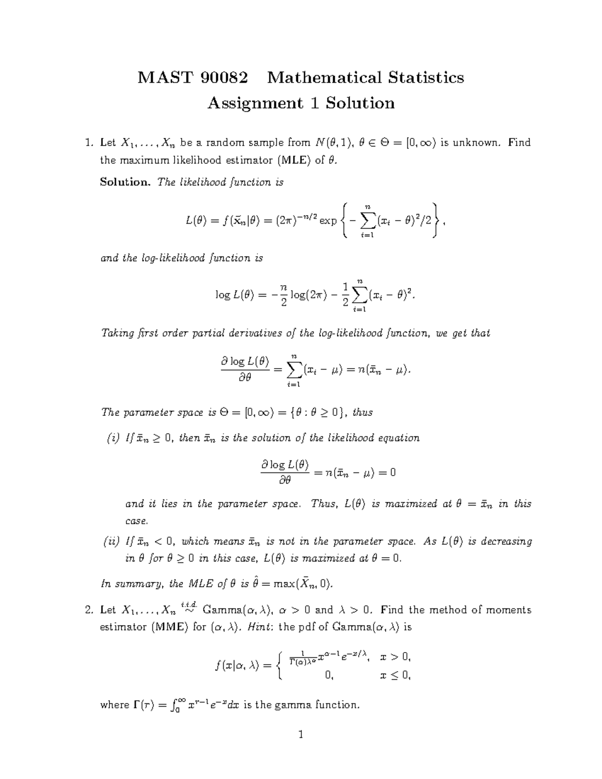 MAST 90082 Assignment 1 solution - MAST 90082 Mathematical Statistics ...