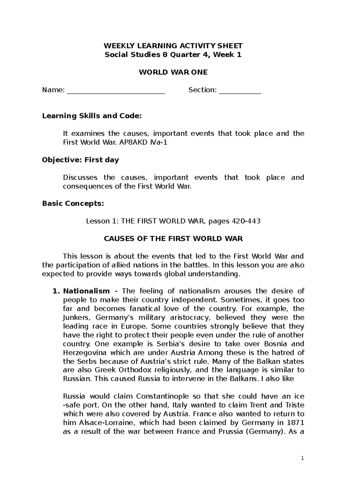 WLAS Q4-W1 - WEEKLY LEARNING ACTIVITY SHEET Social Studies 8 Quarter 4 ...