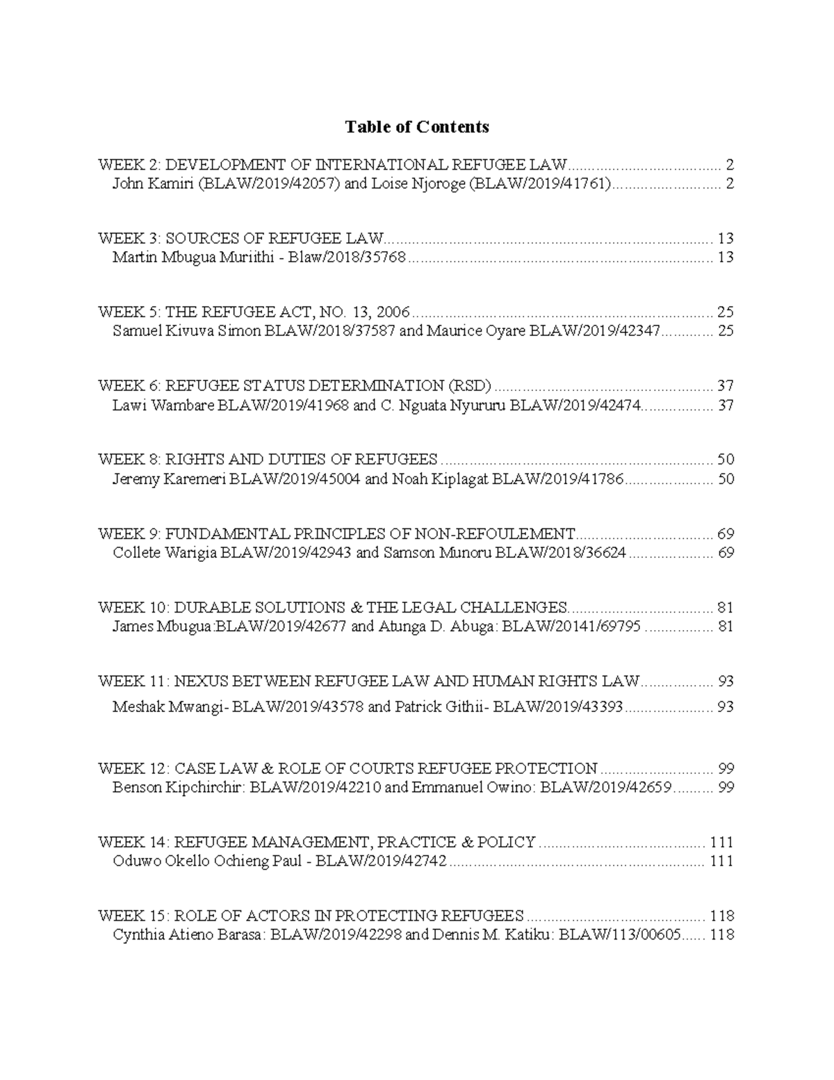 International Refugee Law - Table of Contents WEEK 2: DEVELOPMENT OF ...