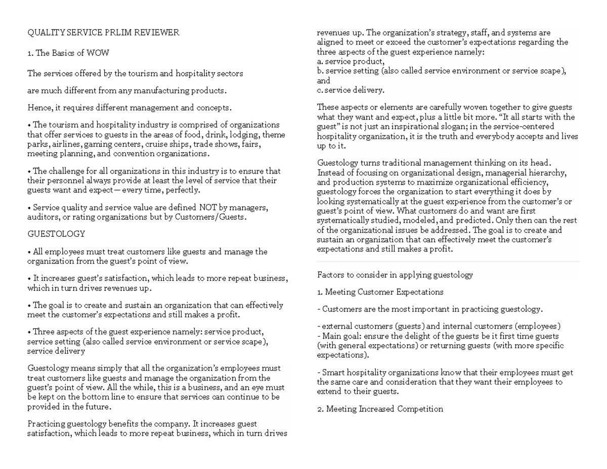 Quality Services - QUALITY SERVICE PRLIM REVIEWER The Basics of WOW The ...