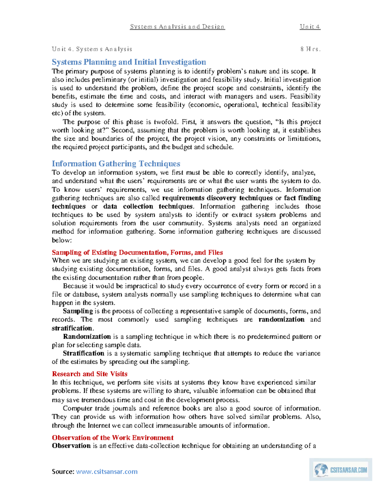 SAD unit 4 - Lecture notes 4 - U n it 4. S ys te m s An a lys is 8 H r ...