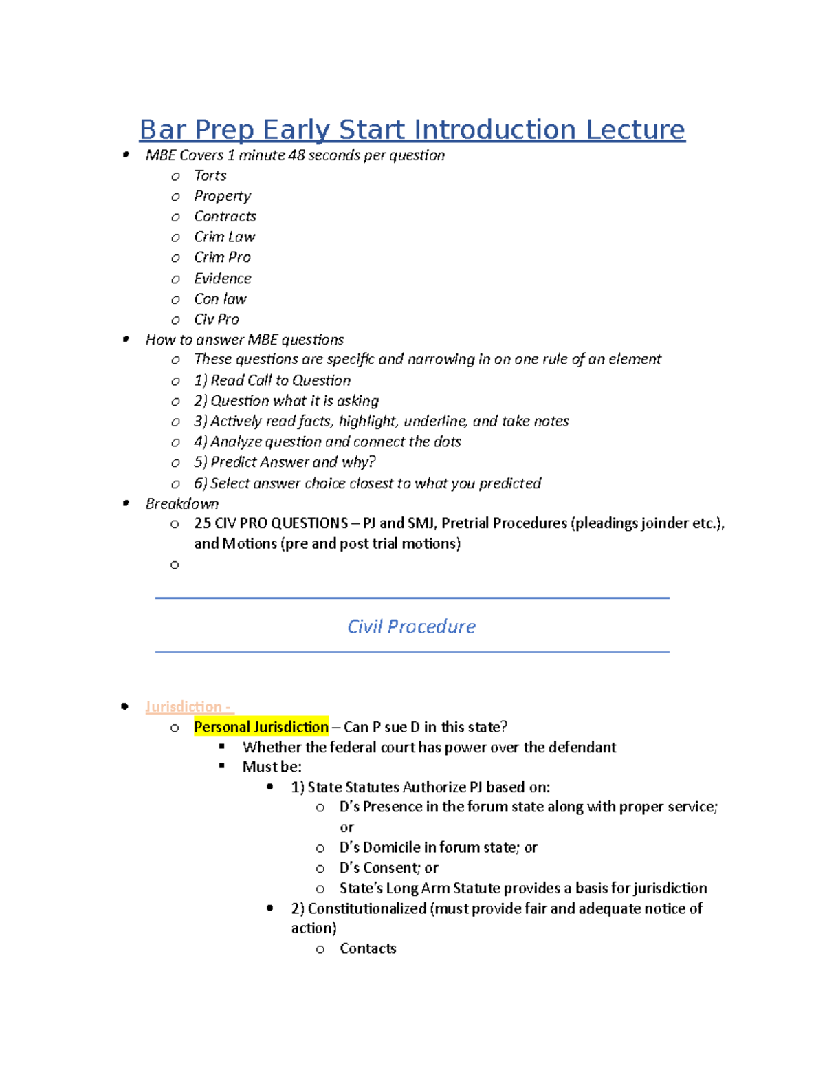 Bar Prep Early Start Introduction Lecture MBE Covers Torts Property Contracts Crim - Studocu