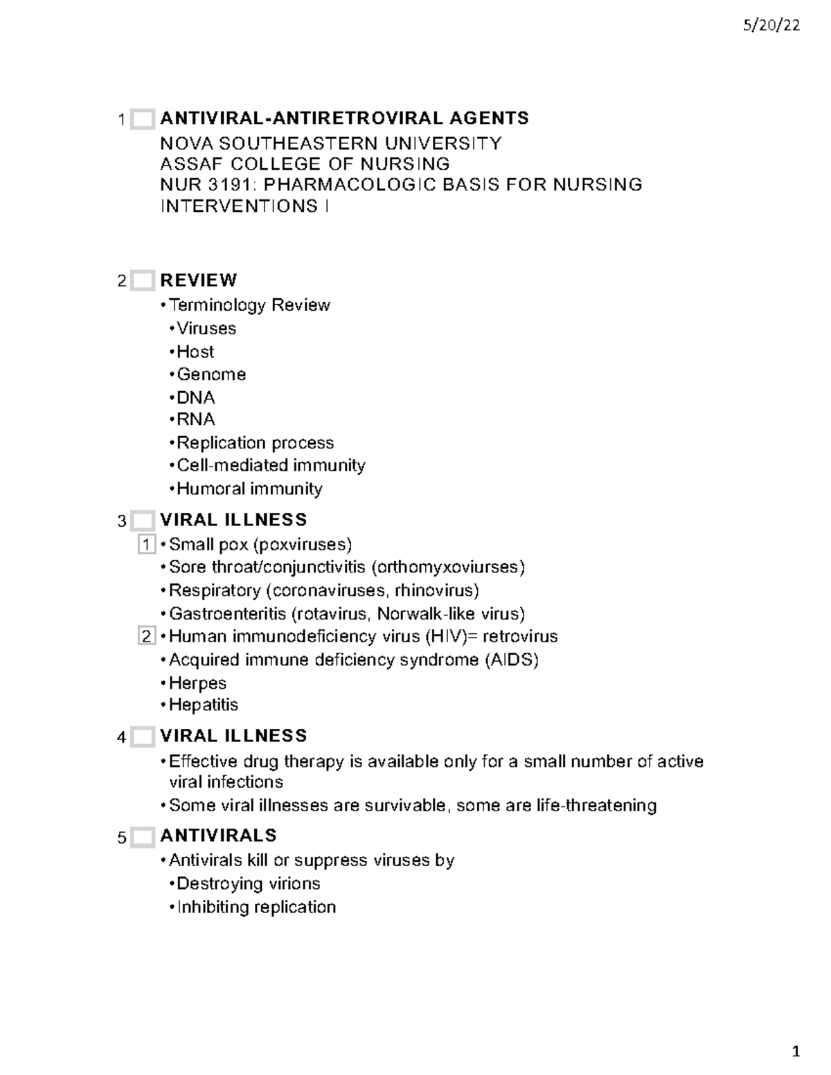 Pharm 1 Antiviral-Antiretroviral Agents-1 - ANTIVIRAL-ANTIRETROVIRAL AGENTS NOVA SOUTHEASTERN ...