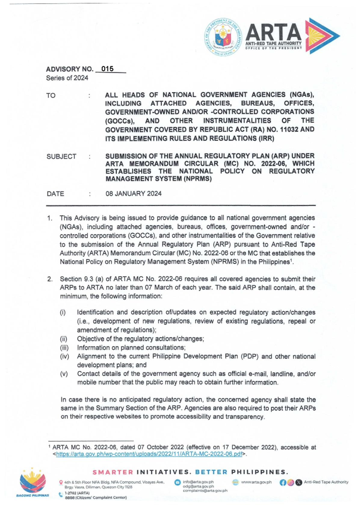 Advisory-No - Arta - ADVISORY NO. - Series of 2024 TO ALL HEADS OF ...