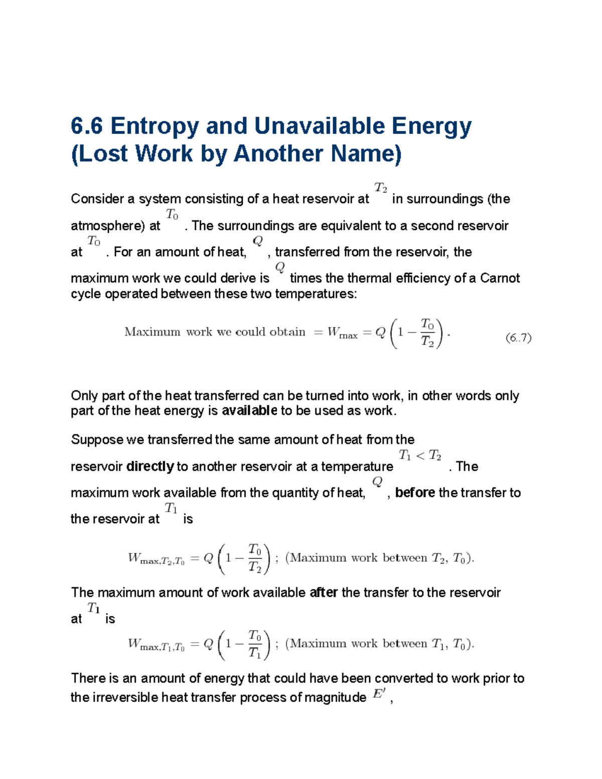 Lecture 6 - Entropy notes - 6 Entropy and Unavailable Energy (Lost Work ...