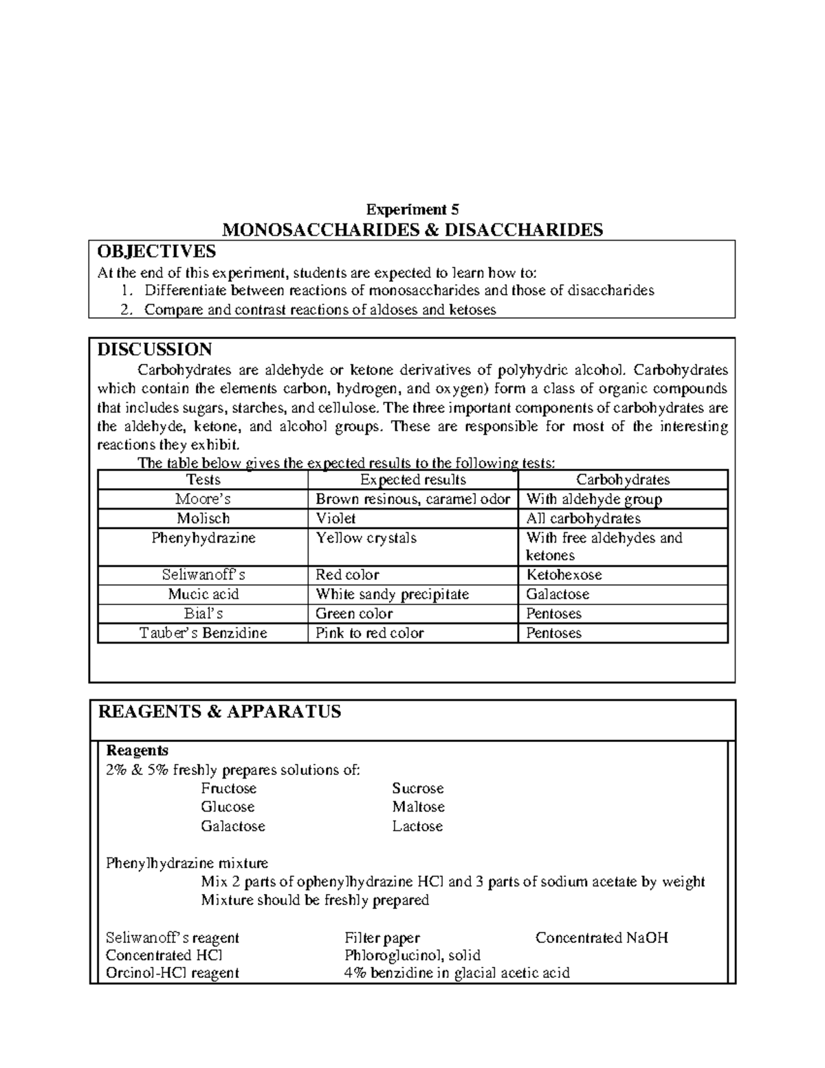 Biochem Manual AND WORK Sheet - DISCUSSION Carbohydrates are aldehyde ...