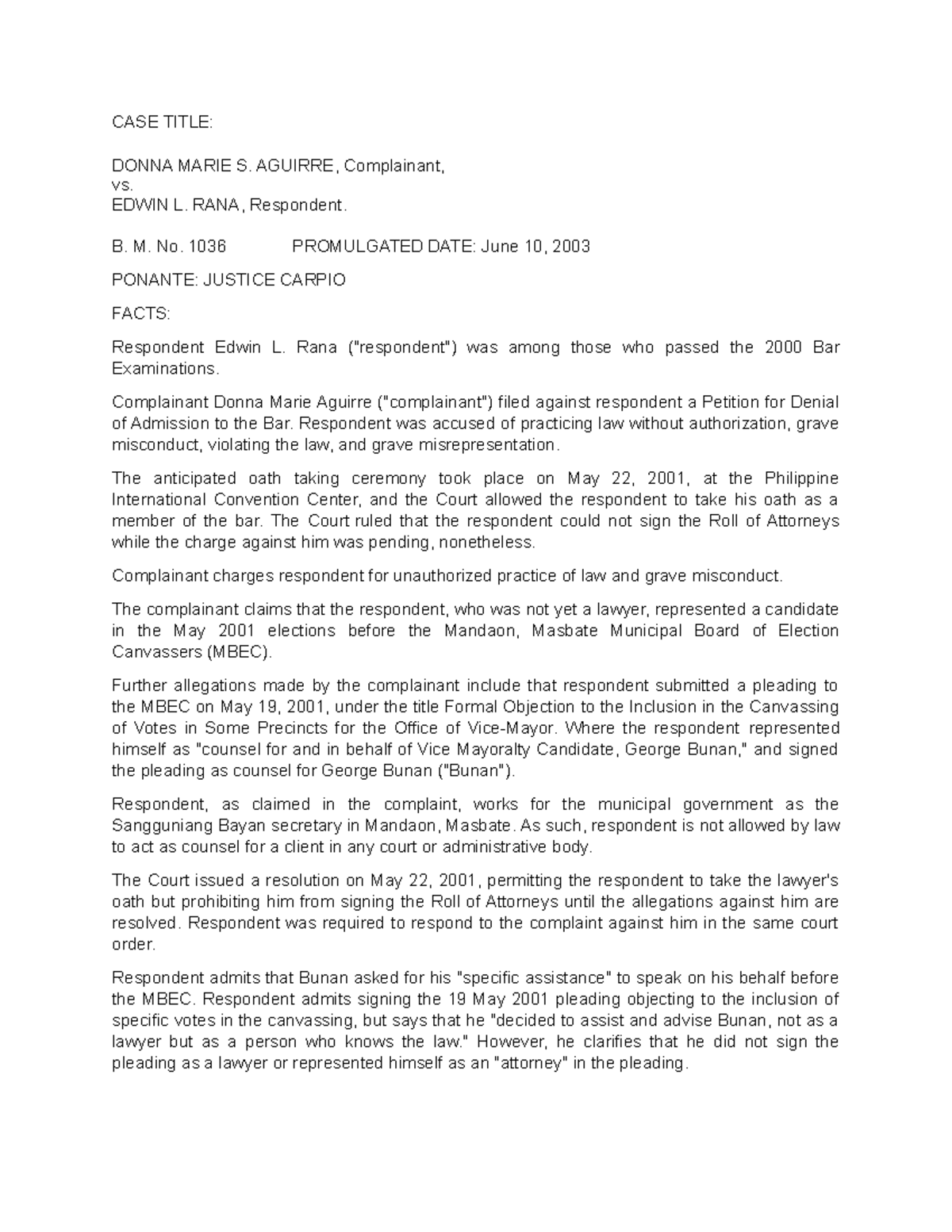 10 CASE Digest ( First Activity) - CASE TITLE: DONNA MARIE S. AGUIRRE ...