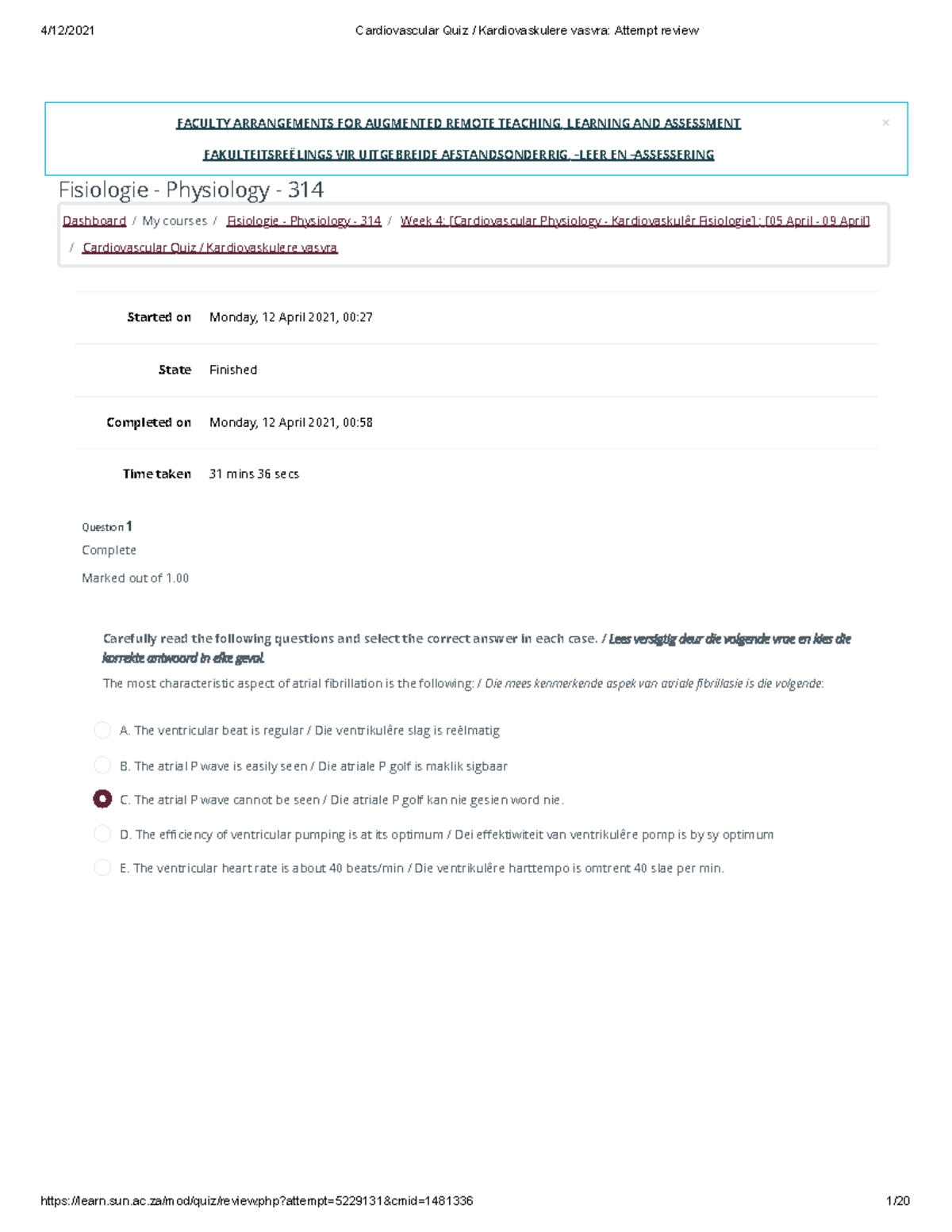 Cardiovascular Quiz Kardiovaskulere vasvra Attempt review - FACULTY ...
