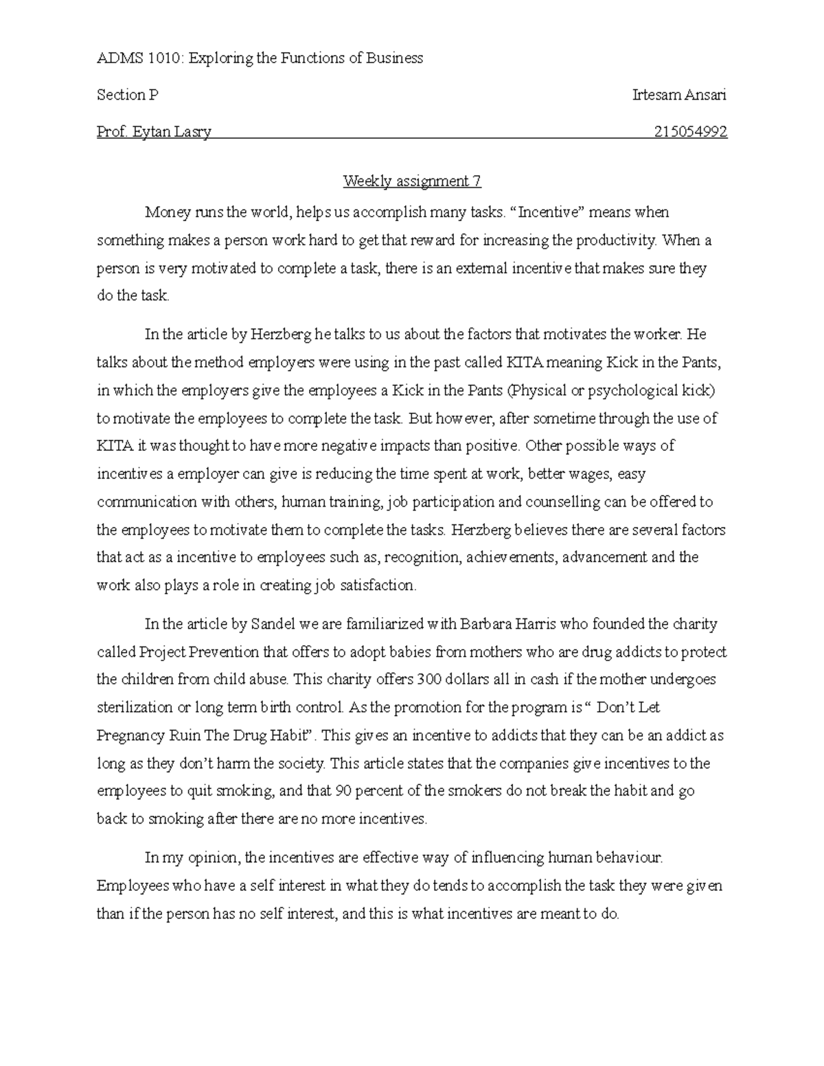 Week 7 assignment - Grade: A - ADMS 1010: Exploring the Functions of ...