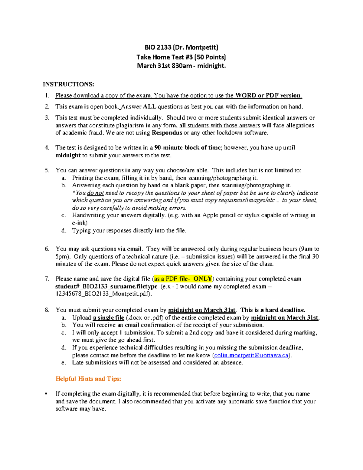 BIO 2133 Test#3 2021 v4 - Takehome Midterm 3 - BIO 2133 (Dr. Montpetit ...